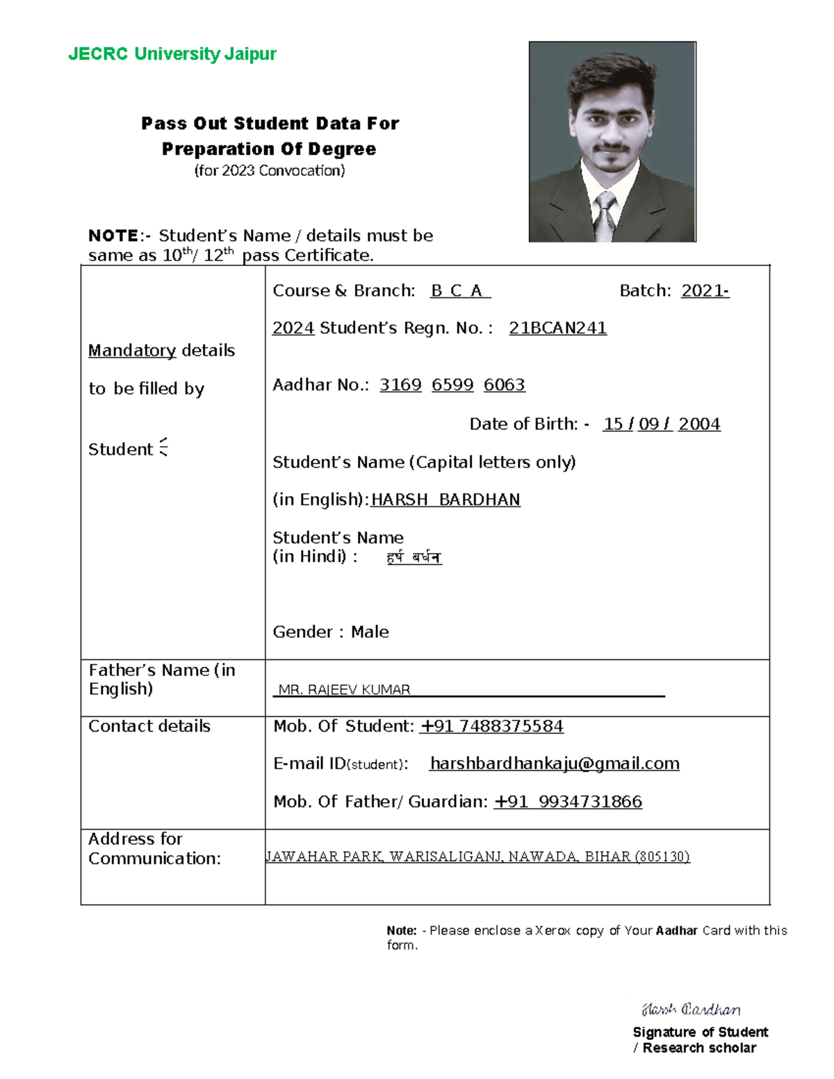 Degree format - for 2023 Convocation - JECRC University Jaipur Pass Out ...