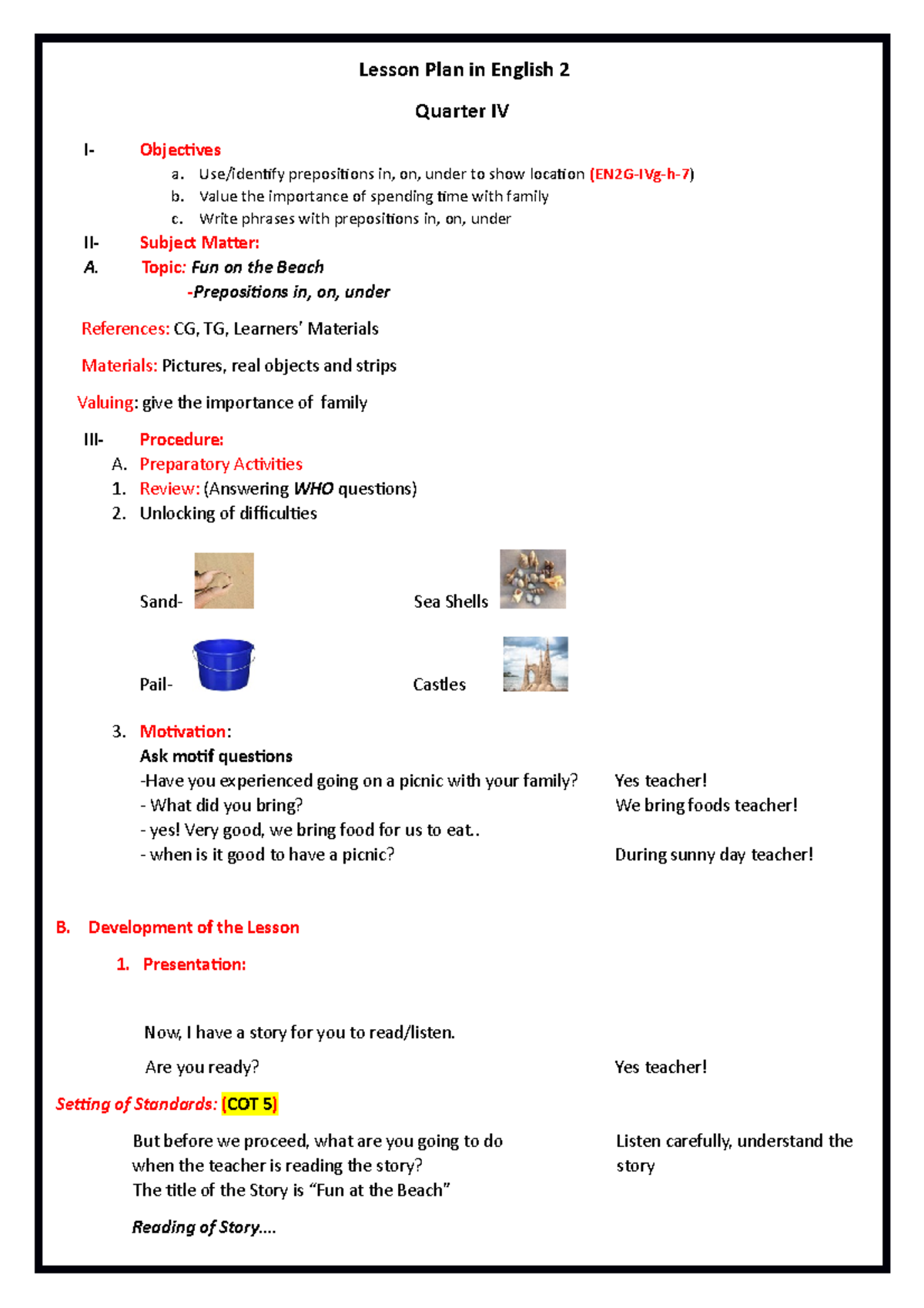 COT 4th Quarter English 2 Lesson Plan In English 2 Quarter IV I