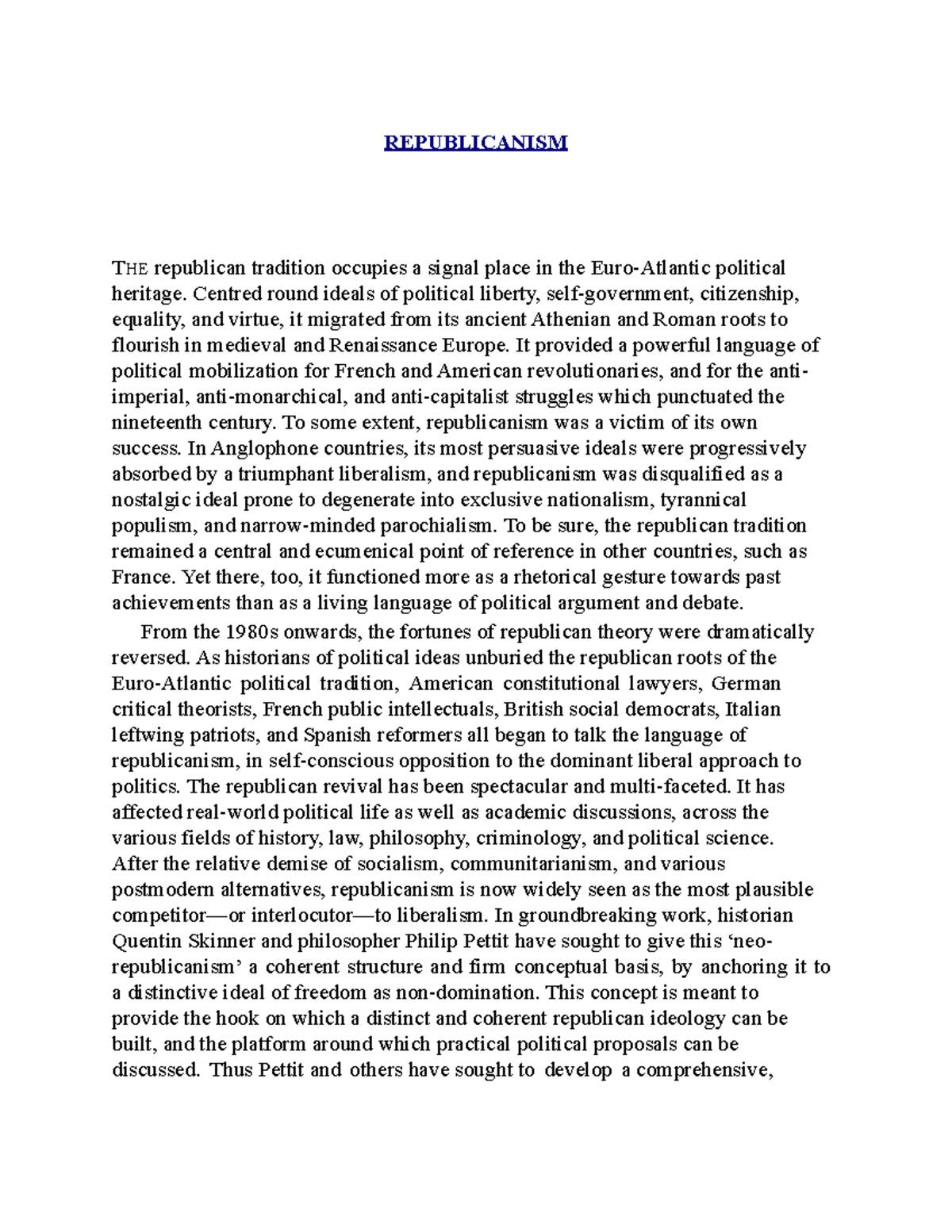 Republicanism - REPUBLICANISM THE republican tradition occupies a ...