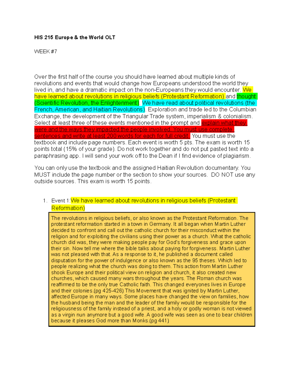 Eliel Pinheiro - HIS 215 OLT FA 22 Midterm Exam - HIS 215 Europe & the ...