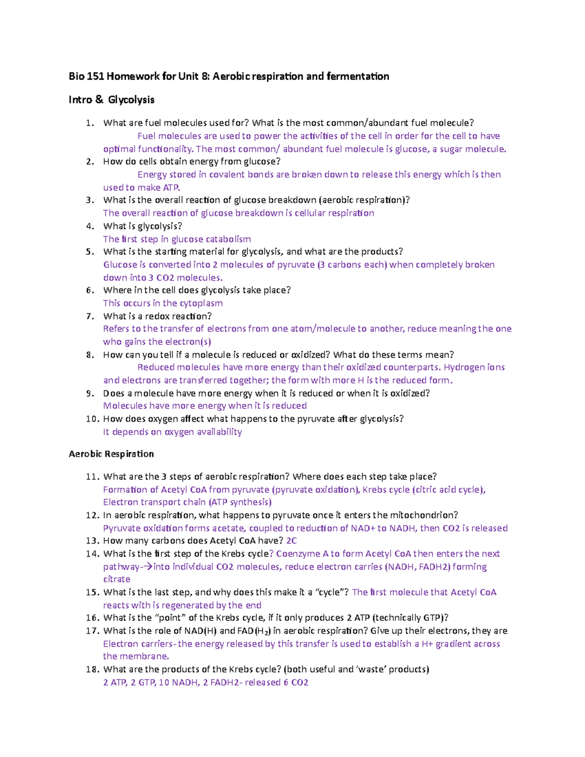 Unit 8 - Cellular Respiration - Bio 151 Homework for Unit 8: Aerobic ...