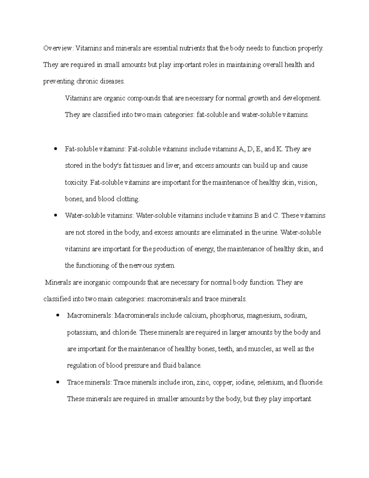 Vitamins and minerals notes - Overview: Vitamins and minerals are ...