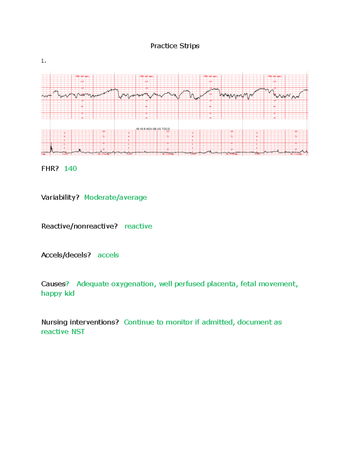 Practice Strips answers - Practice Strips FHR? 140 Variability ...