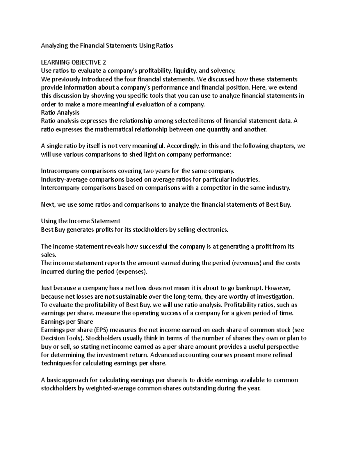 Analyzing the Financial Statements Using Ratios - We previously ...
