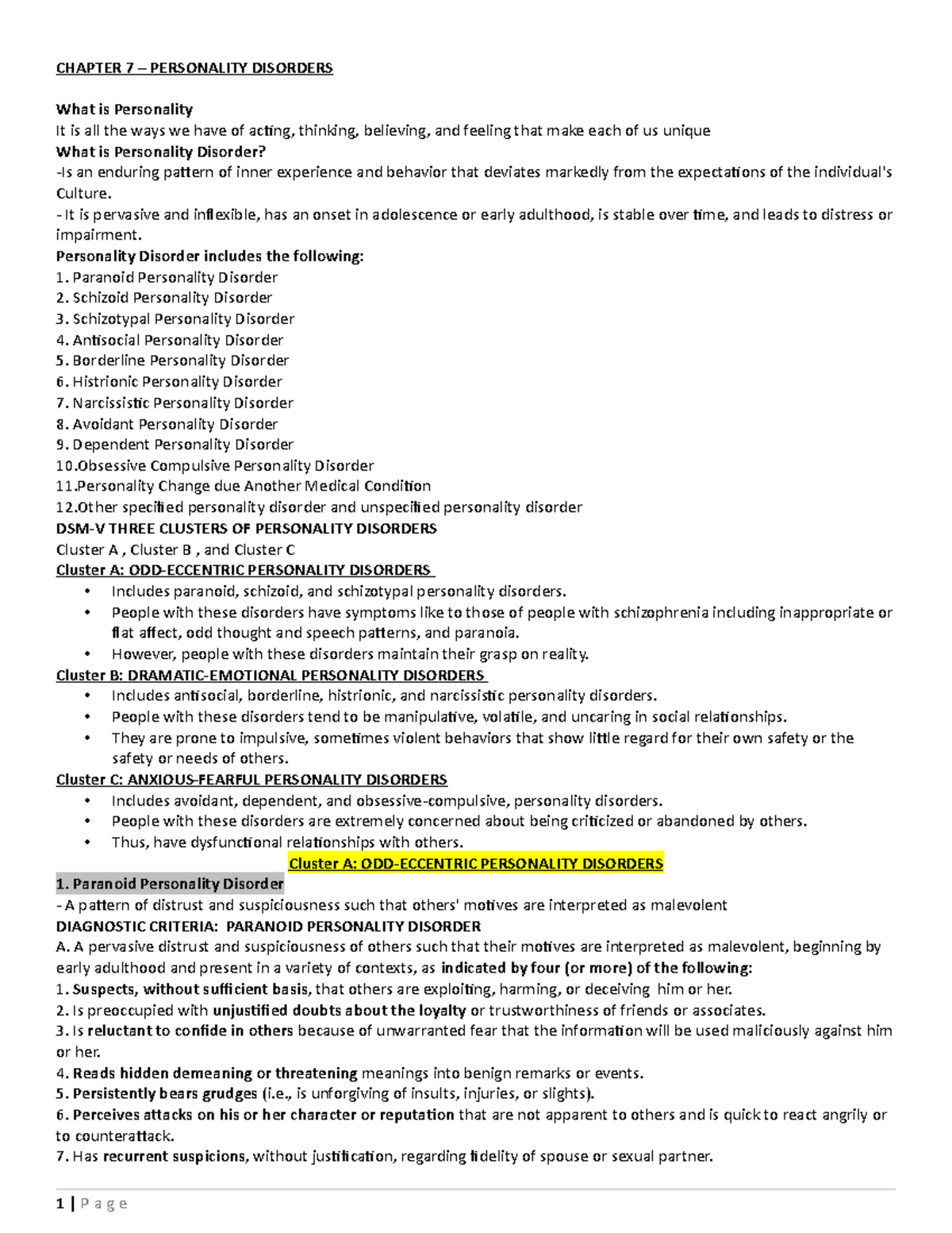 Chapter 7 - Lecture notes 7 - CHAPTER 7 PERSONALITY DISORDERS What is ...