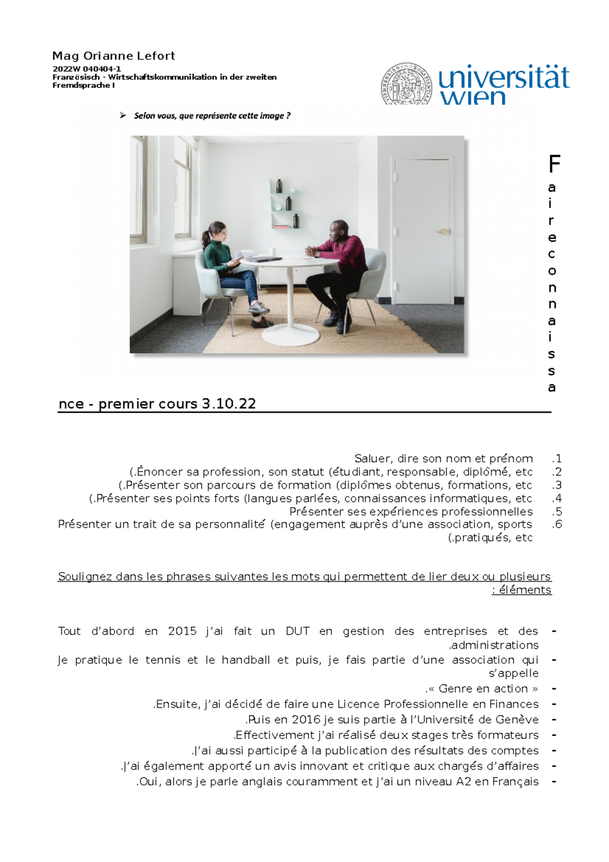 Faire connaissance.Wiko 1.WS 2022 - F a i r e c o n n a i s s a nce ...