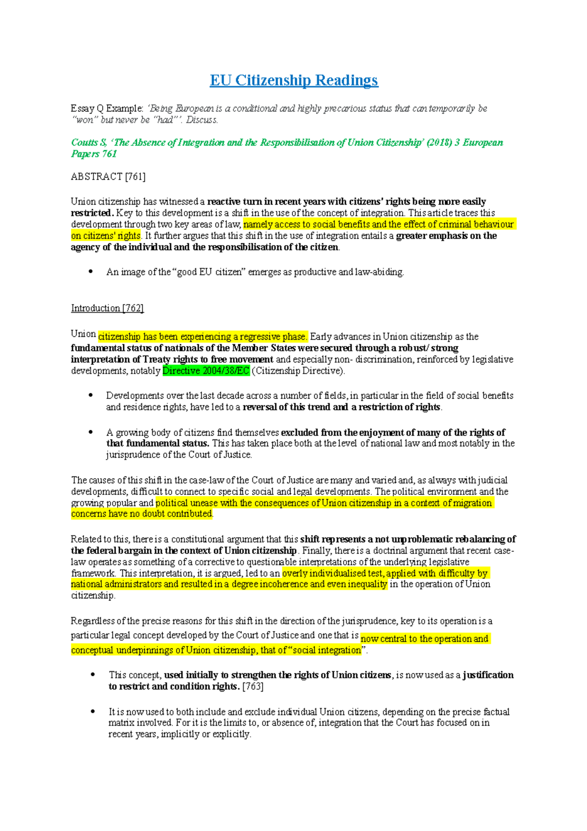EU Citizenship Readings - EU Citizenship Readings Essay Q Example ...