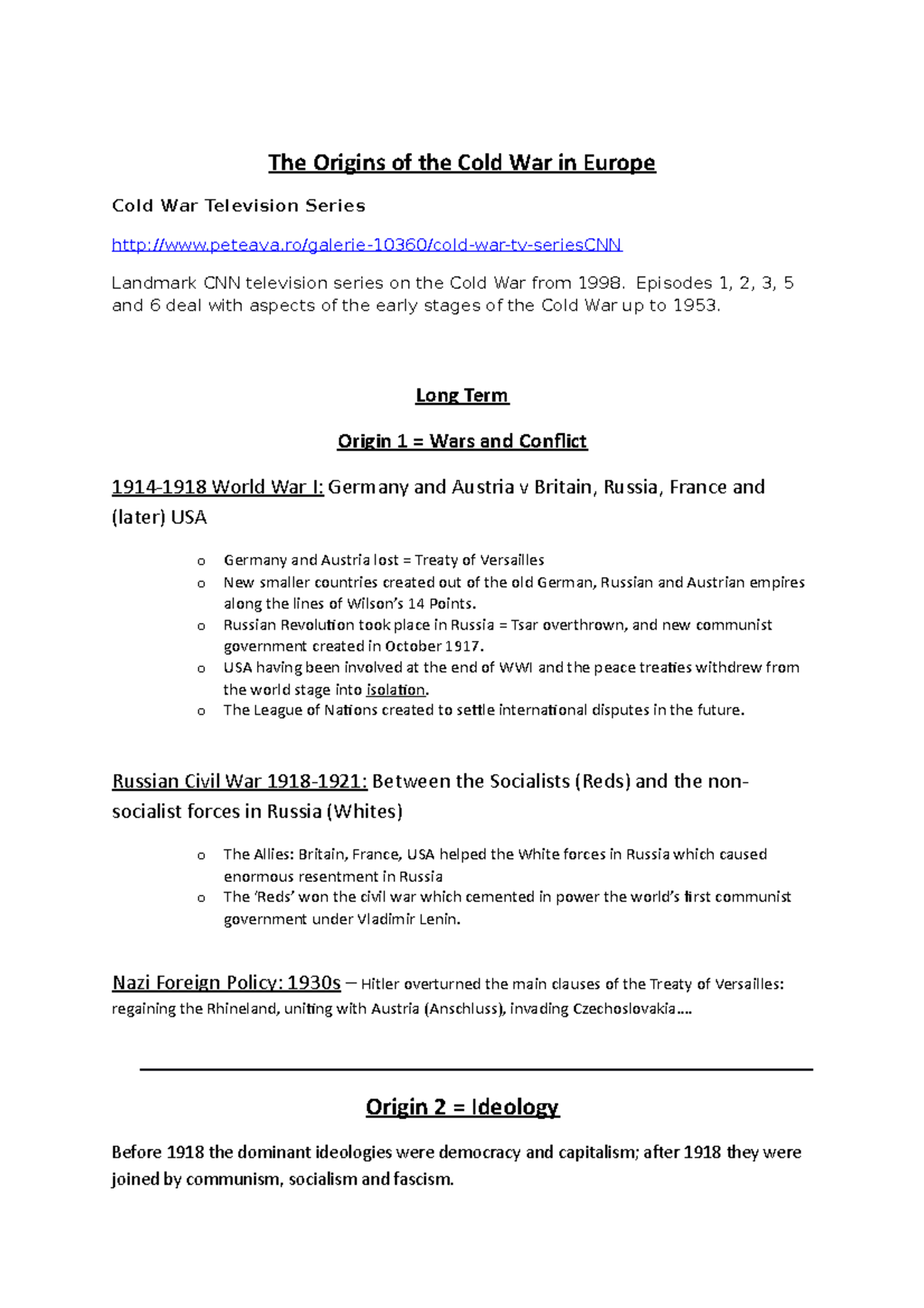 Cold war session 1 handout - The Origins of the Cold War in Europe Cold ...
