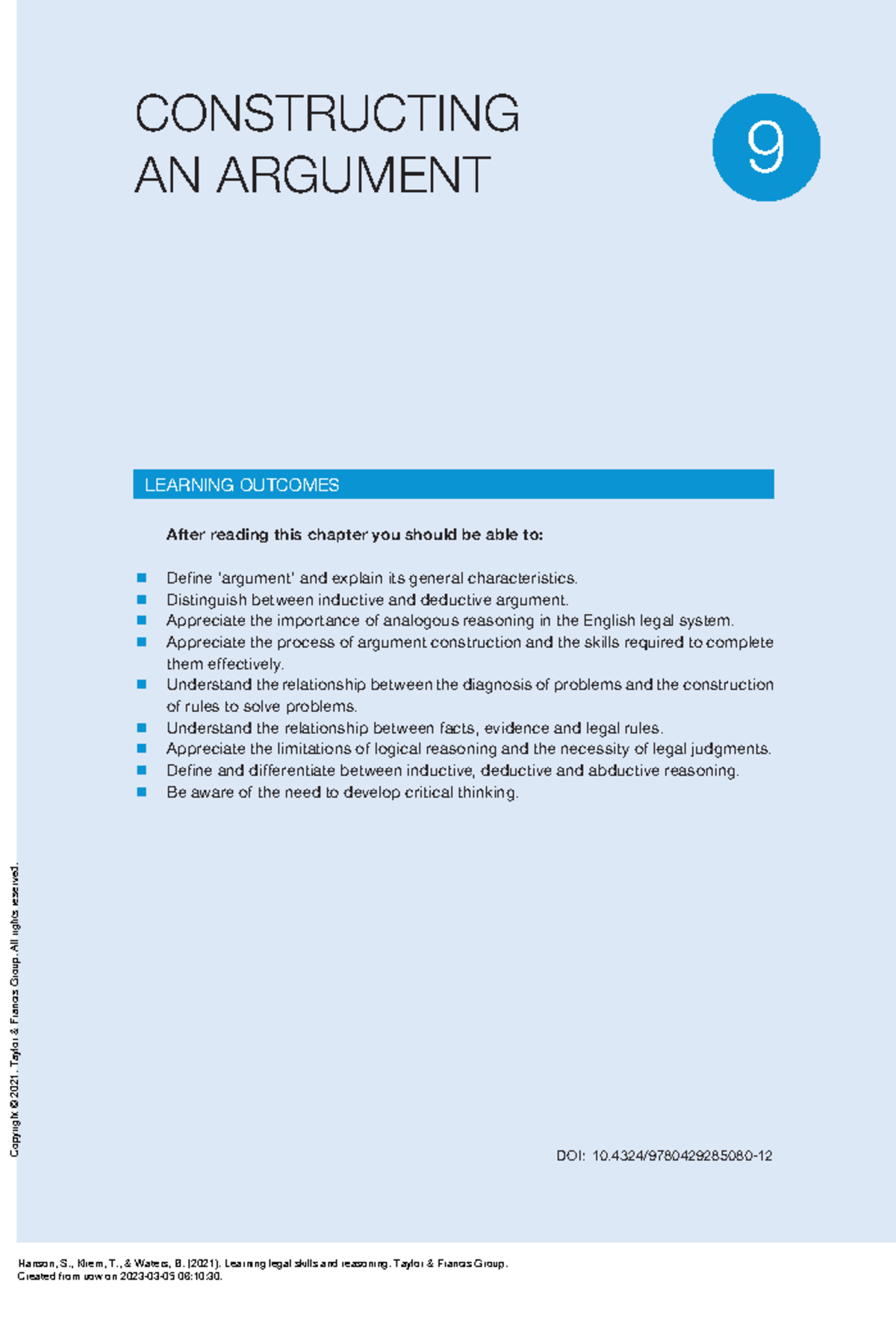 Learning Legal Skills and Reasoning - ( Constructing AN Argument) - 9 CONSTRUCTING AN ARGUMENT ...