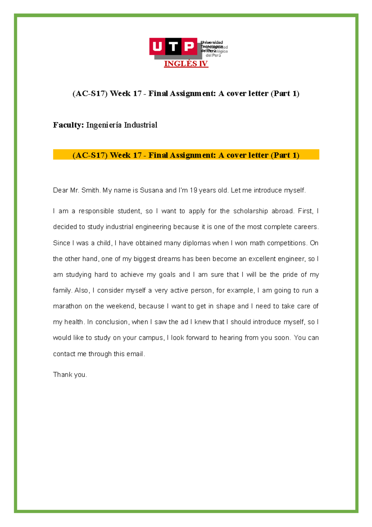 (AC-S17) - Final parte I - INGLÉS lV (AC-S17) Week 17 - Final Assignment: A cover letter (Part 1 ...