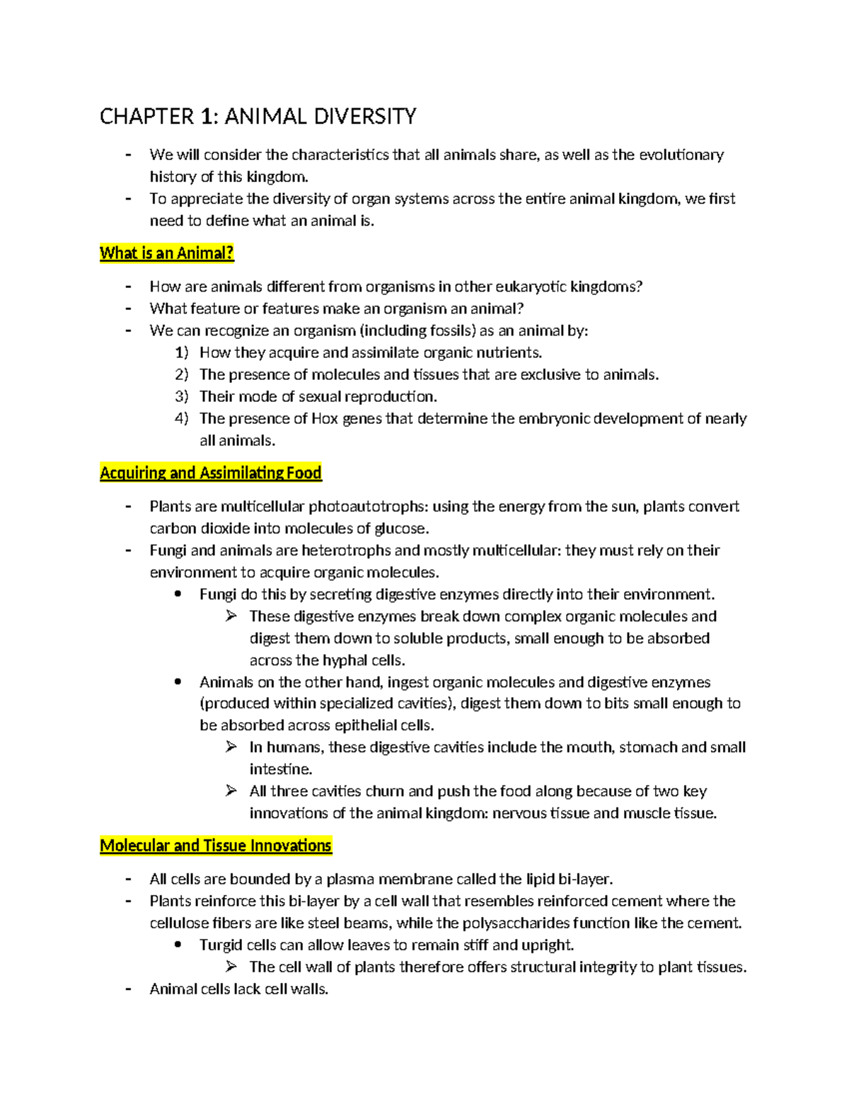 BIOL225 Chapter 1 - Notes - CHAPTER 1: ANIMAL DIVERSITY We will ...