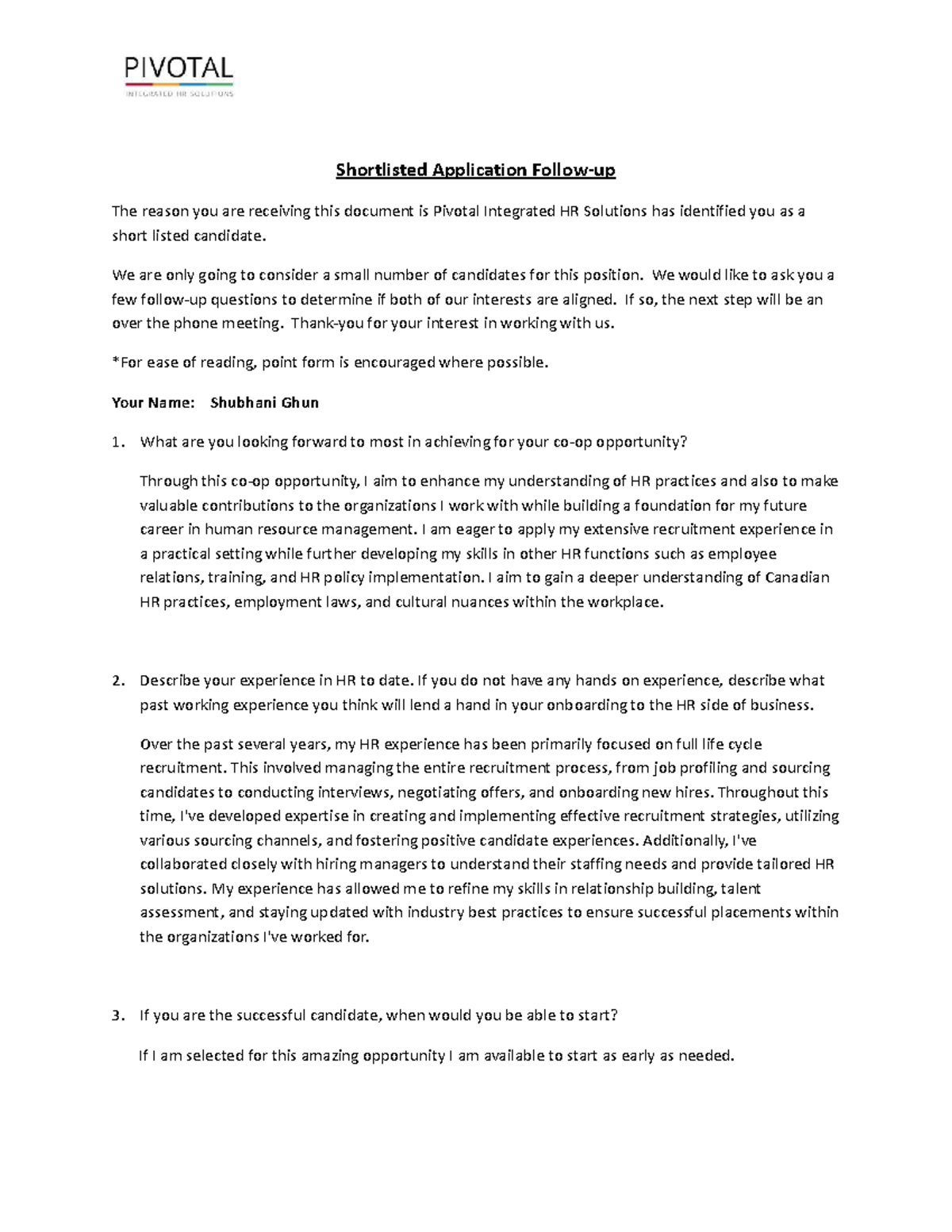 HR Intern - Shortlisted Questionnaire - Shortlisted Application Follow ...