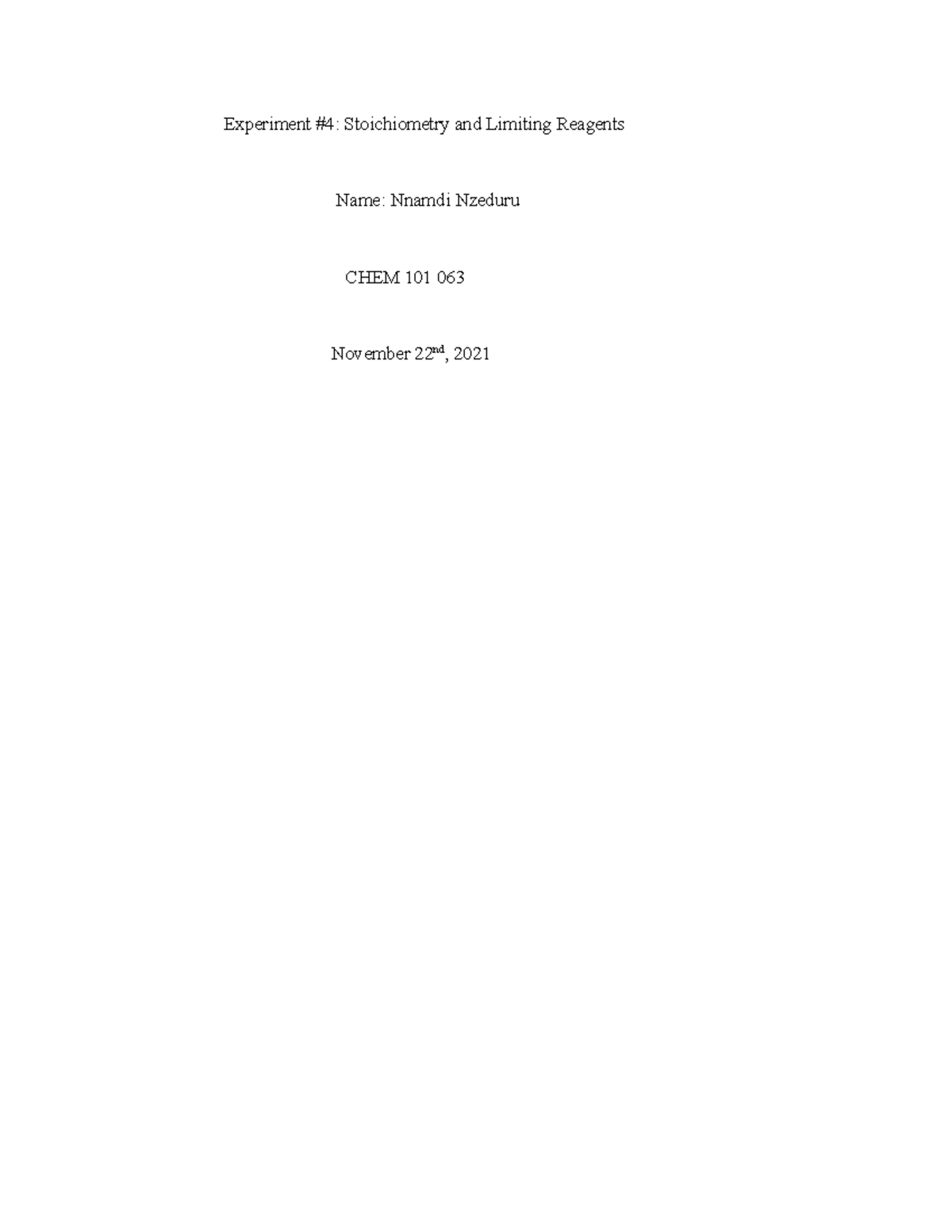 Stoichiometry - The 2nd lab for Chem - Experiment #4: Stoichiometry and ...