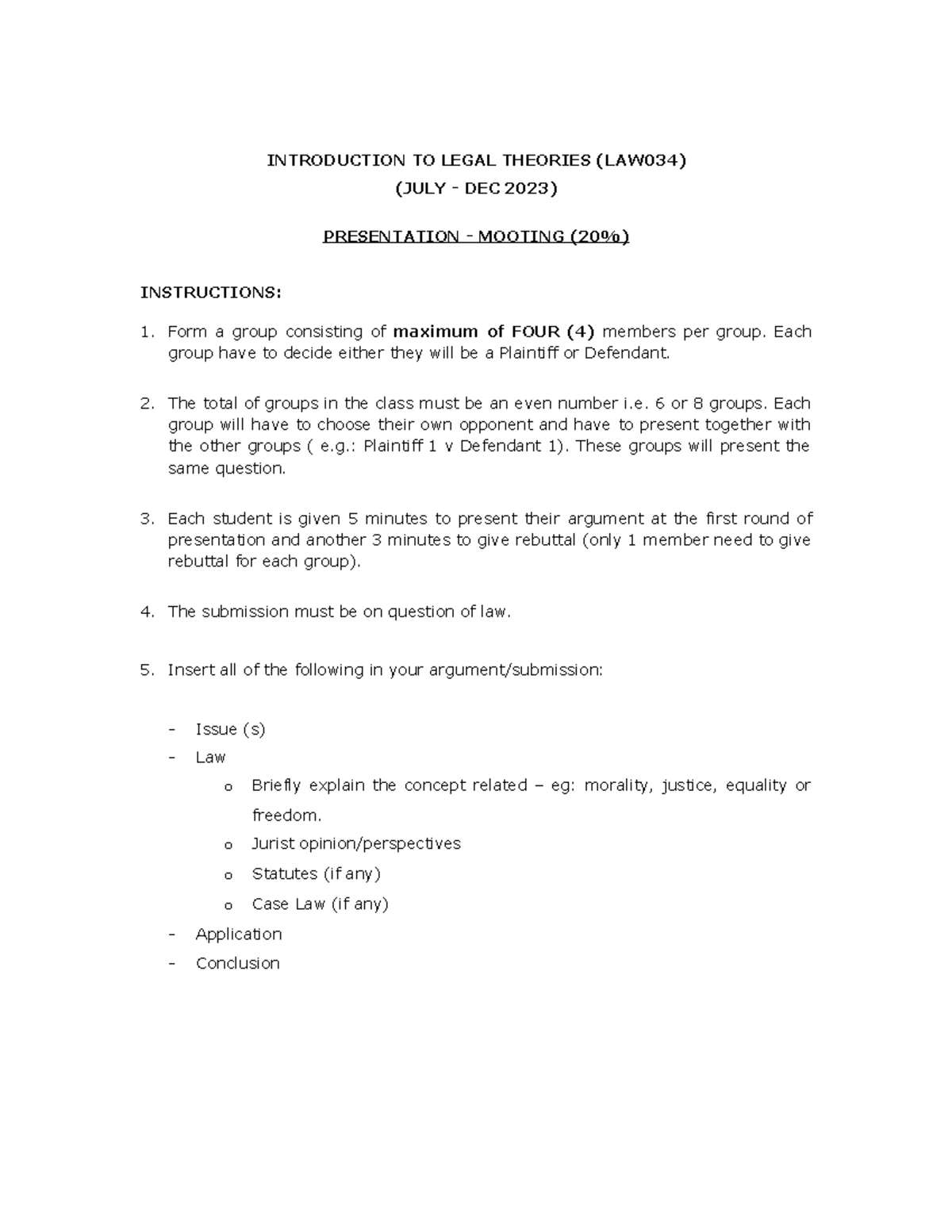 Mooting Questions (JULY 2023) - INTRODUCTION TO LEGAL THEORIES (LAW034 ...