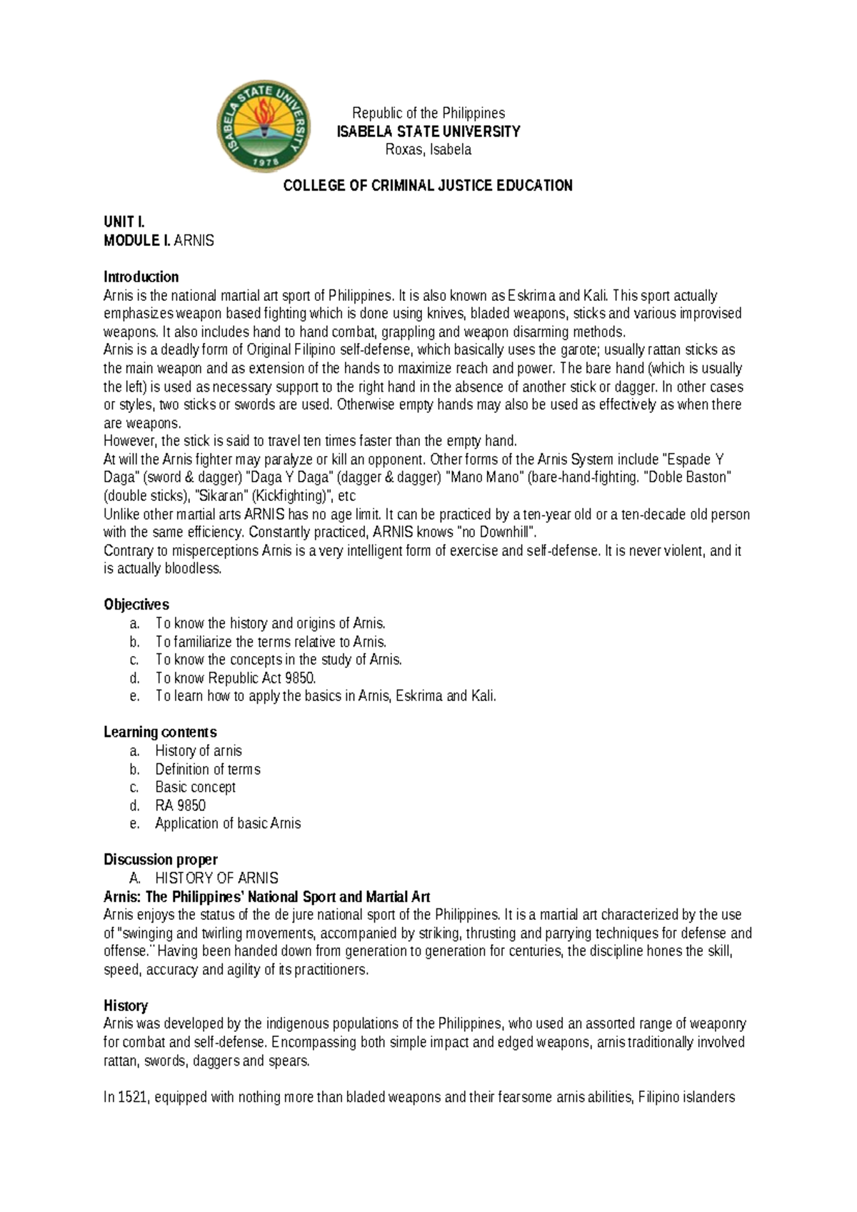 PE2- Module-1 - Learning materials - Republic of the Philippines ISABELA STATE UNIVERSITY Roxas ...