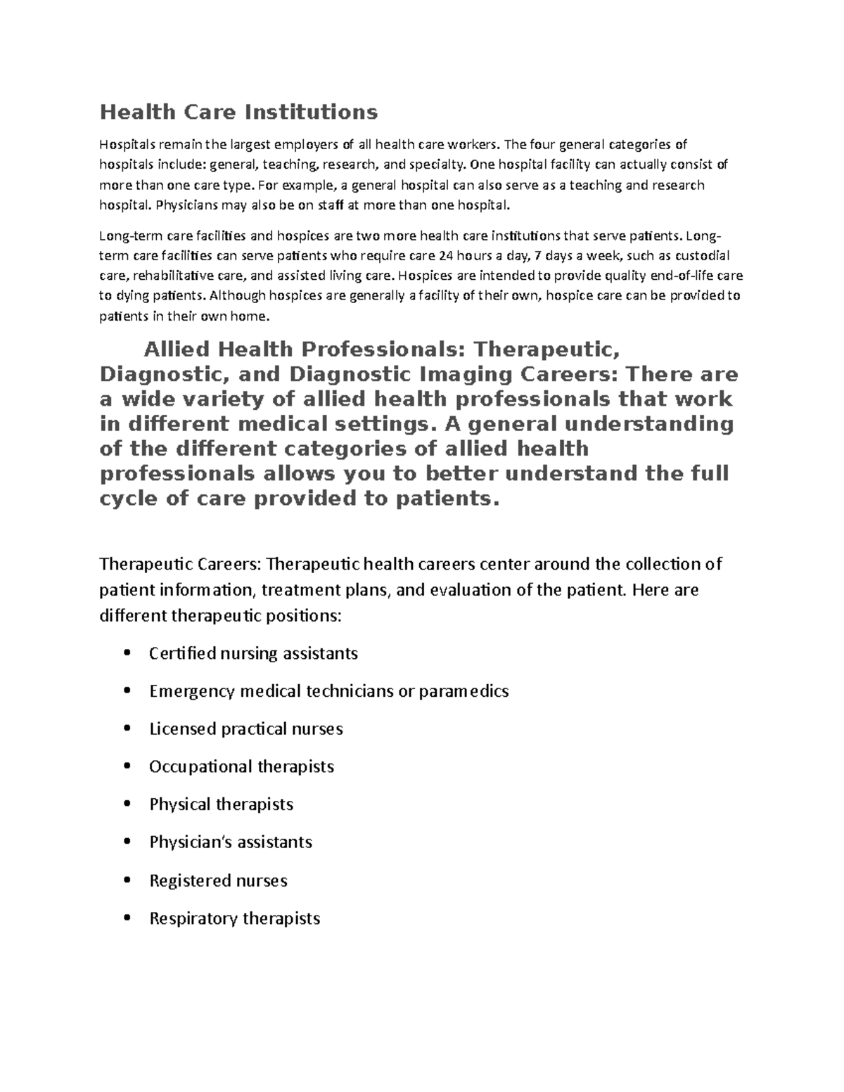 Health Care Institutions Notes - Health Care Institutions Hospitals ...