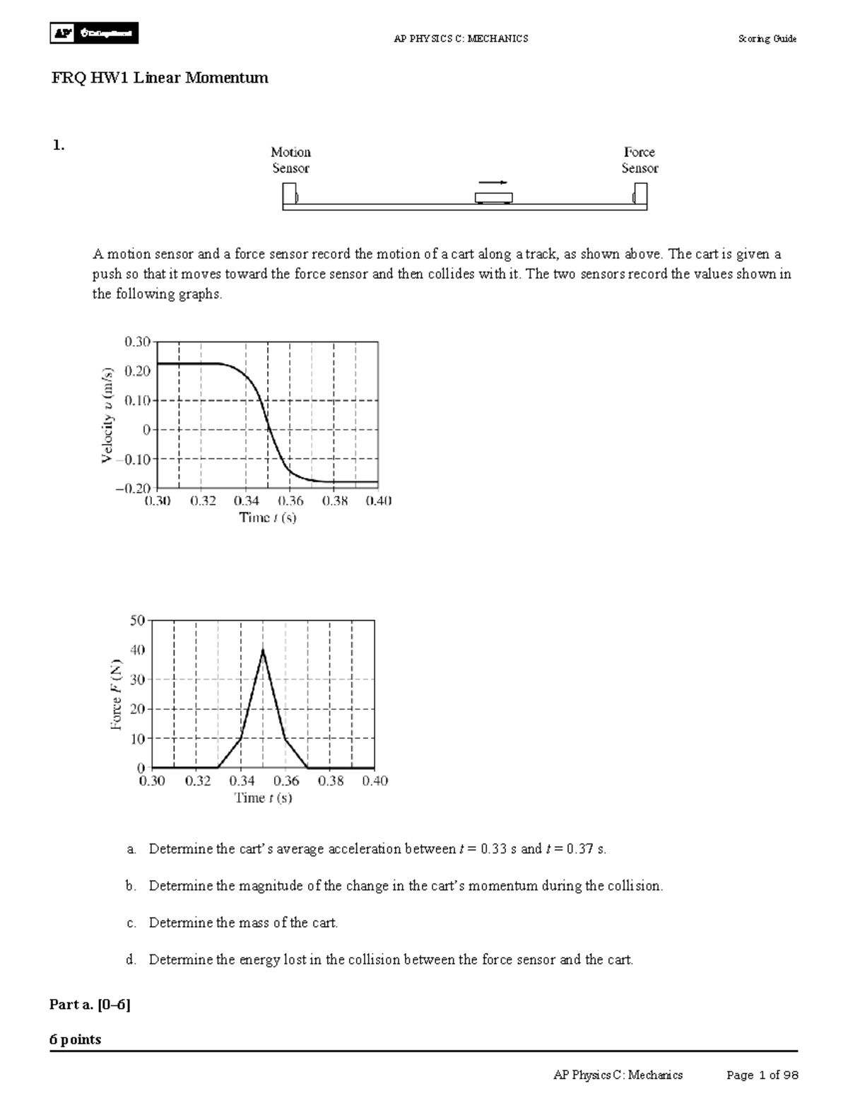 FRQ HW1 Linear Momentum Key - 1. A motion sensor and a force sensor ...