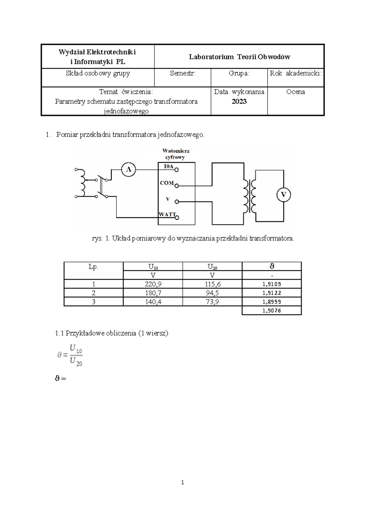 Teoria obwodow elektrycznych sprawozdanie Parametry schematu ...