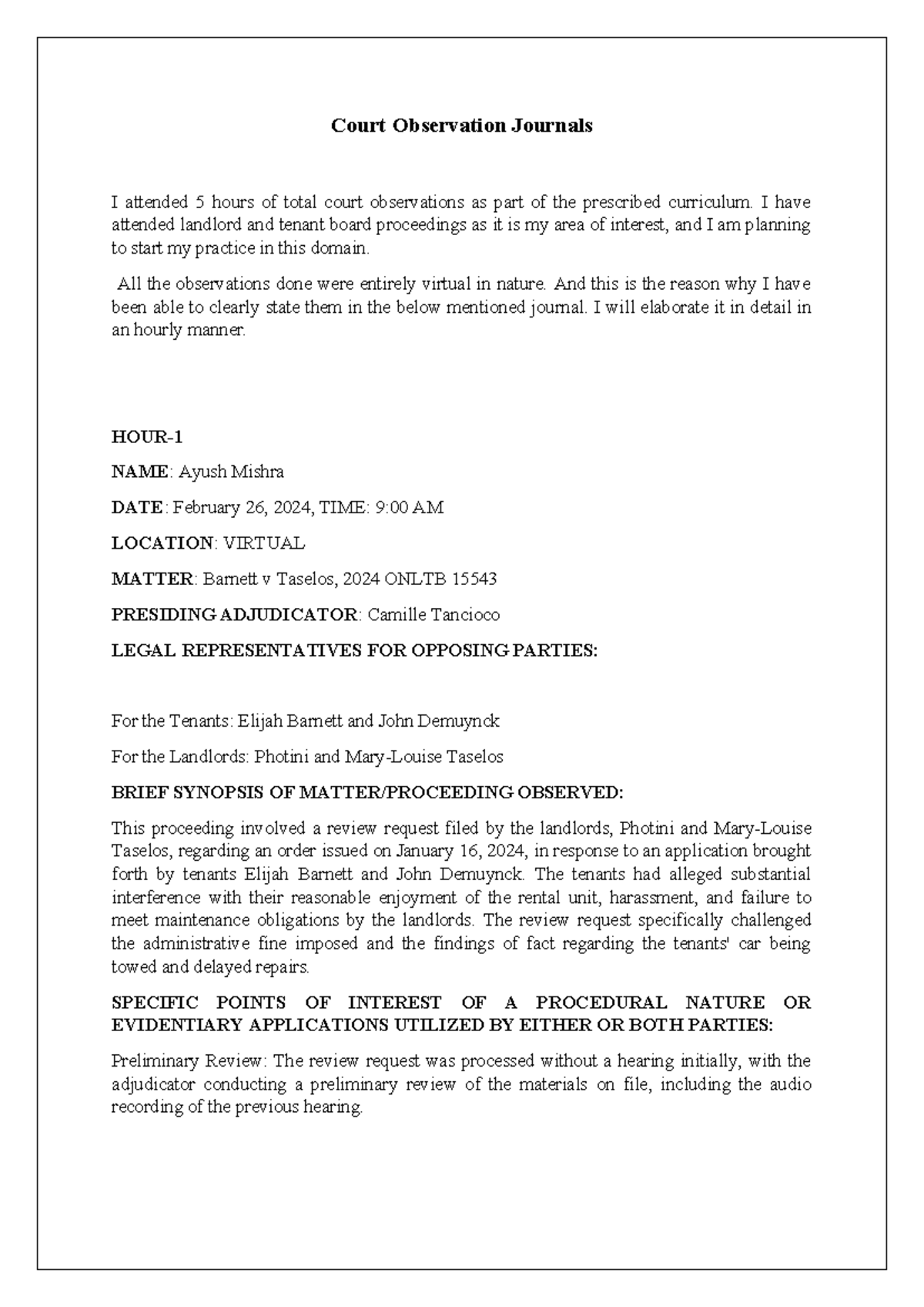 Court Observation Journals - I have attended landlord and tenant board ...