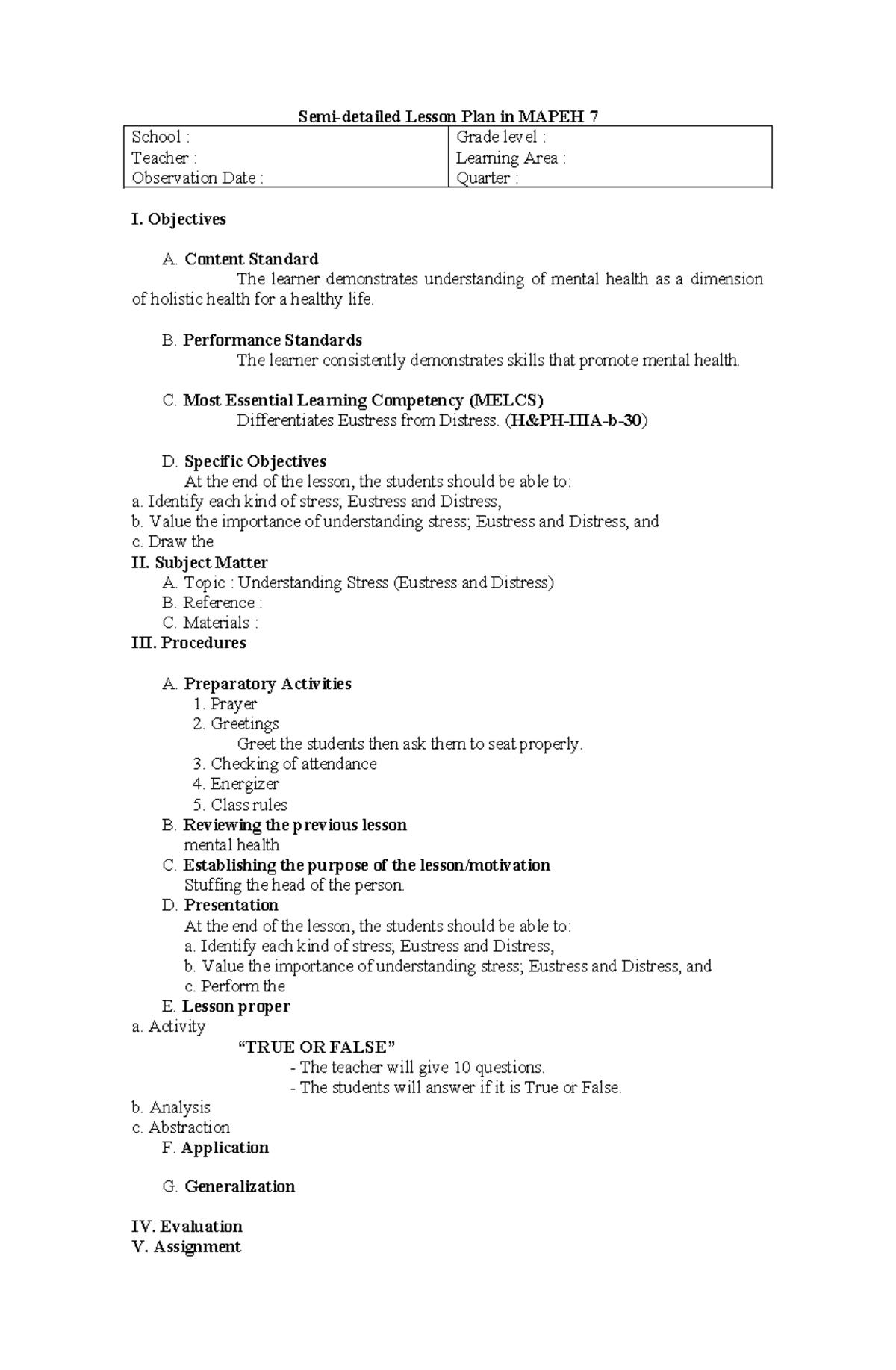 Semi-detailed lesson plan levi - Semi-detailed Lesson Plan in MAPEH 7 ...