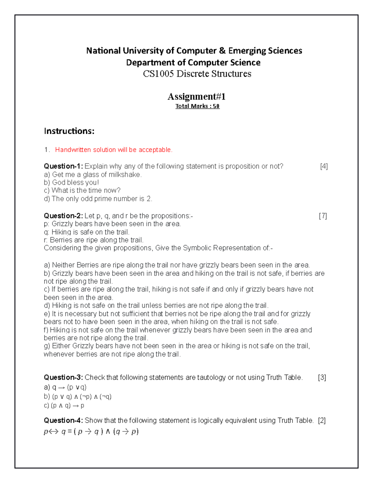 Assignment 1Discreete CS - National University of Computer & Emerging Sciences Department of ...