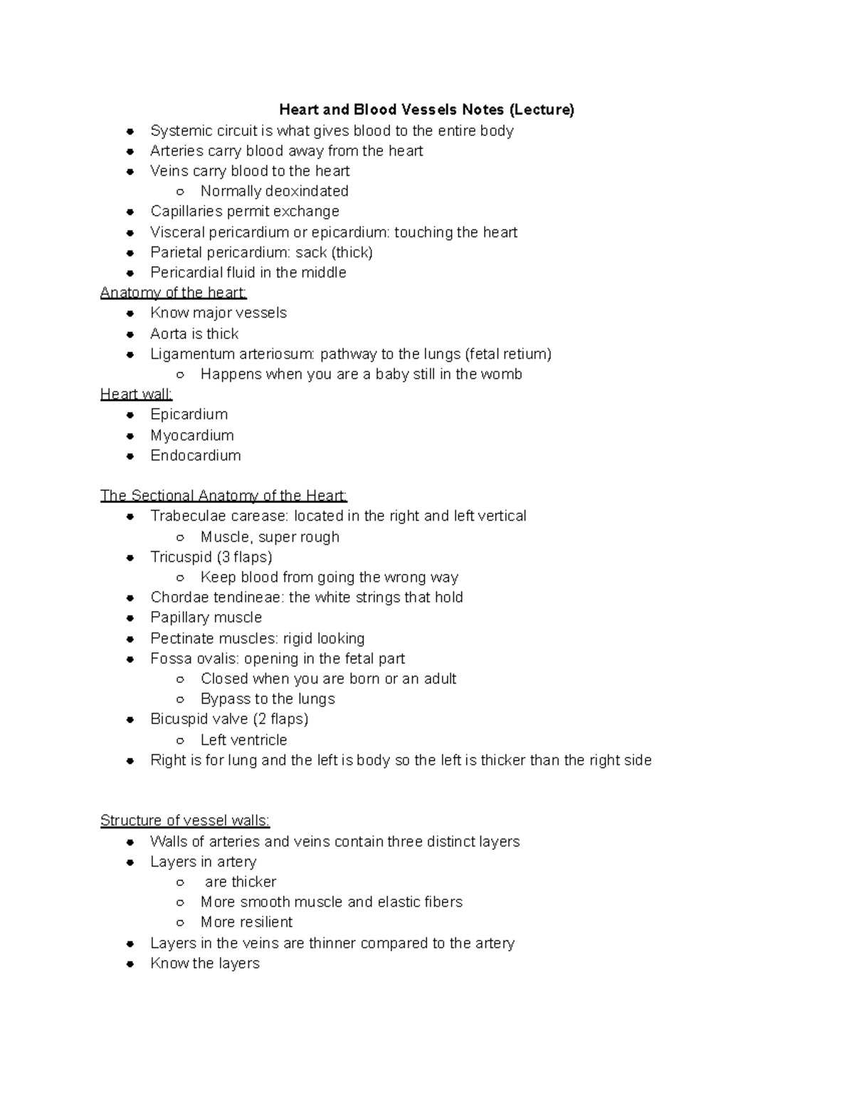 Lecture notes - Heart and Blood Vessels Notes (Lecture) Systemic ...