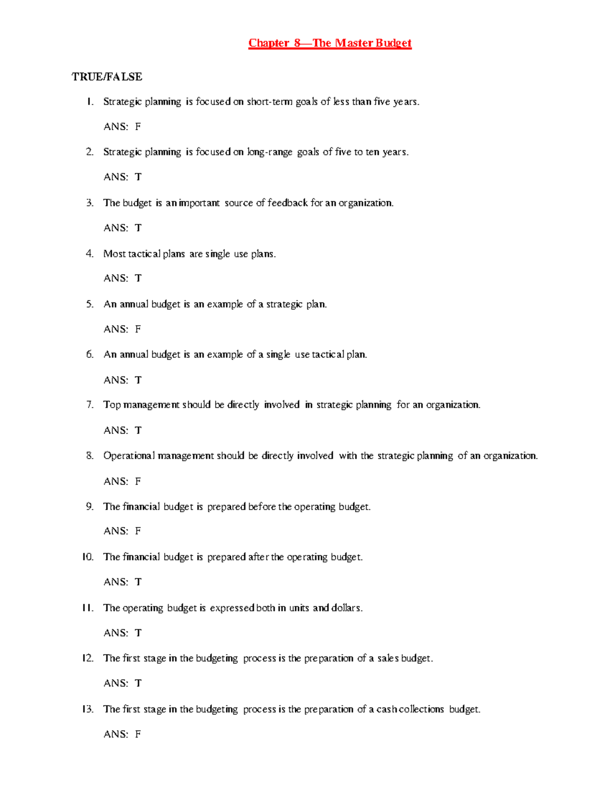 Accounting Information System Master Budget Test Bank - Intermediate ...