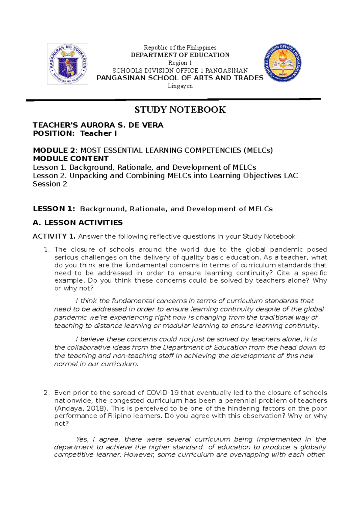 Ms. De Vera LDM2 Module 2 Study Notebook - Republic of the Philippines ...