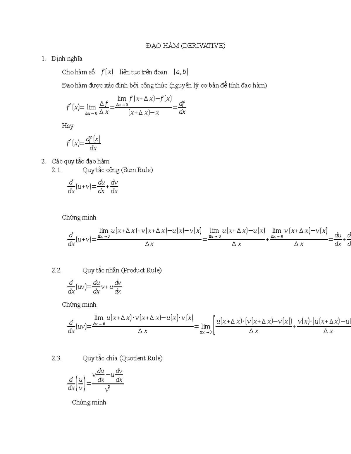 Đạo hàm - ĐẠO HÀM (DERIVATIVE) Định nghĩa Cho hàm số f(x) liên tục trên ...