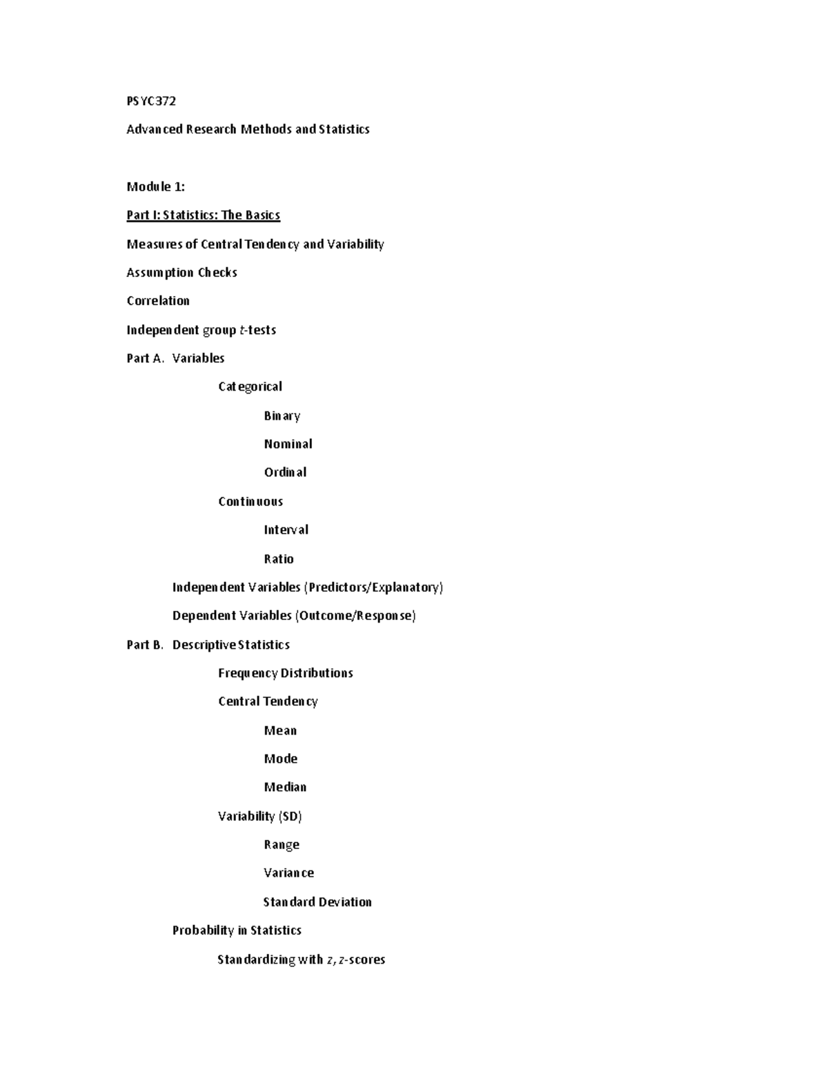 Psyc372 Course Notes Minus Anova Module Psyc Advanced Research Methods And Statistics Module 1