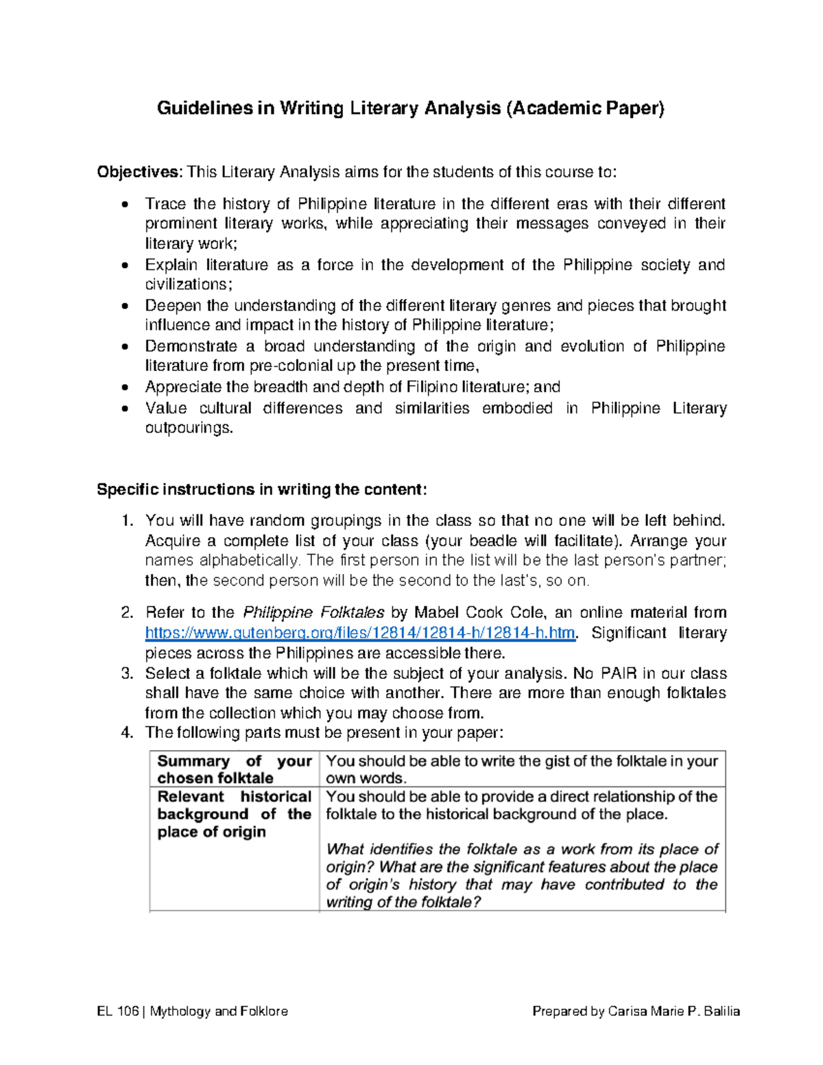 EL 106 Literary Analysis Guidelines Guidelines In Writing Literary