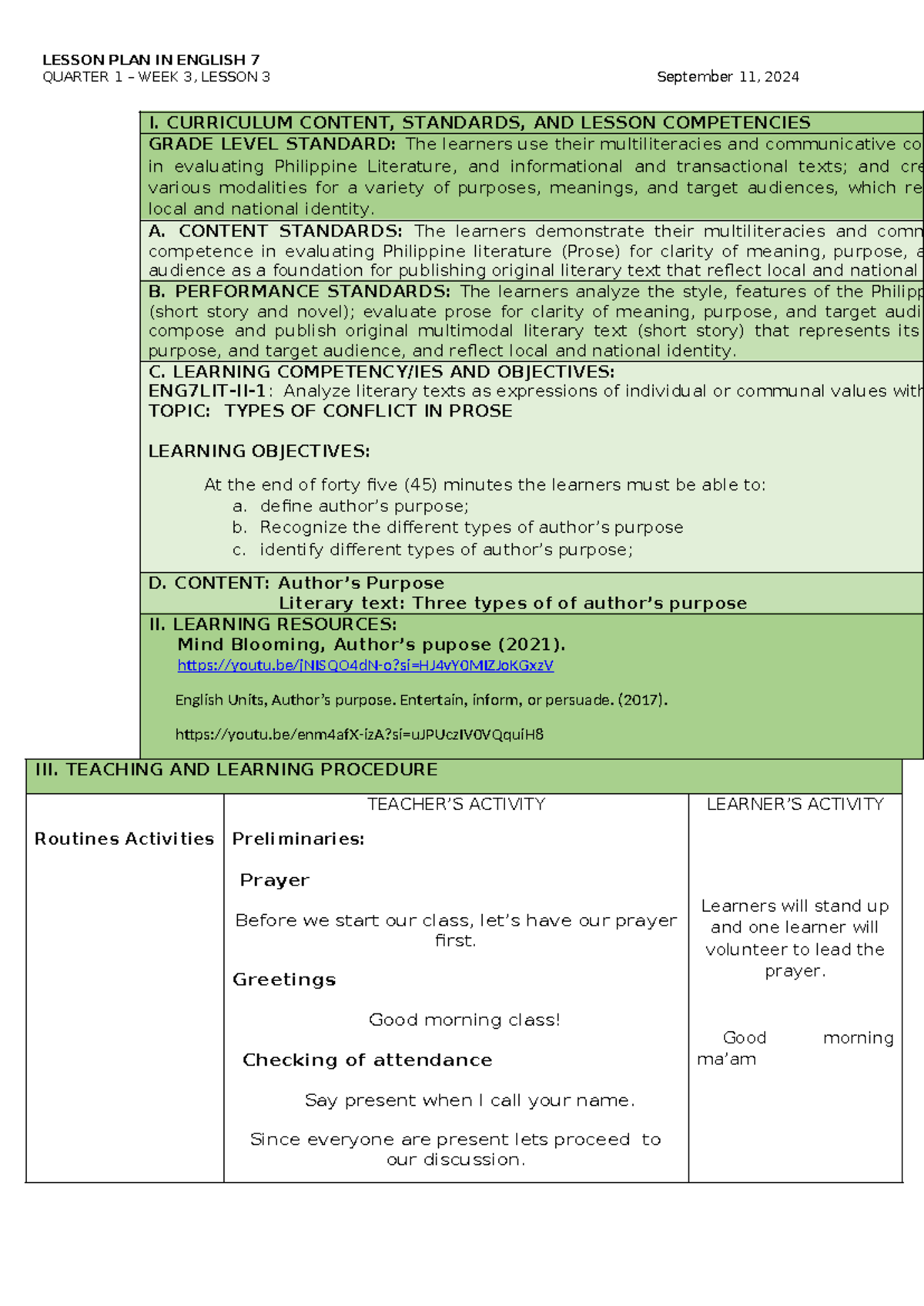 DLP-author's purpose - Lesson plan in English - I. CURRICULUM CONTENT ...