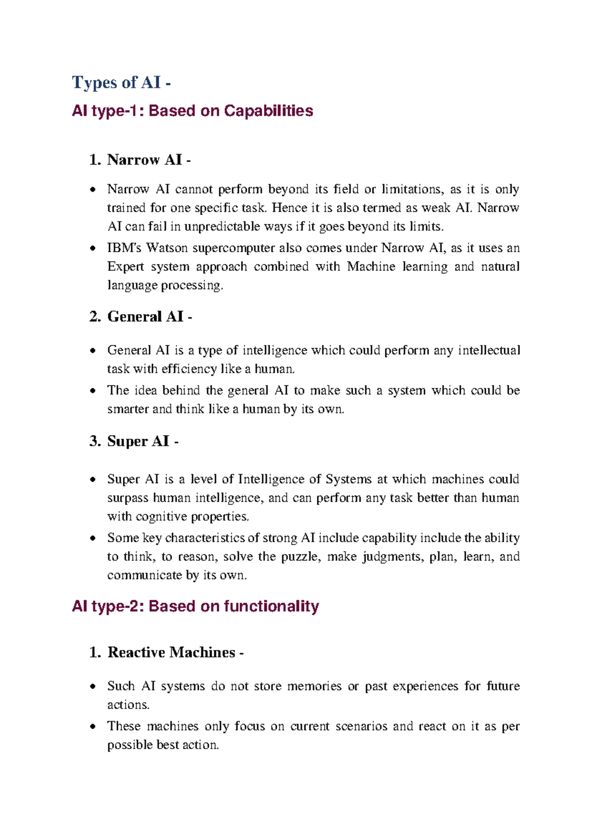 Types of AI - Notes for AI - Types of AI - AI type-1: Based on ...