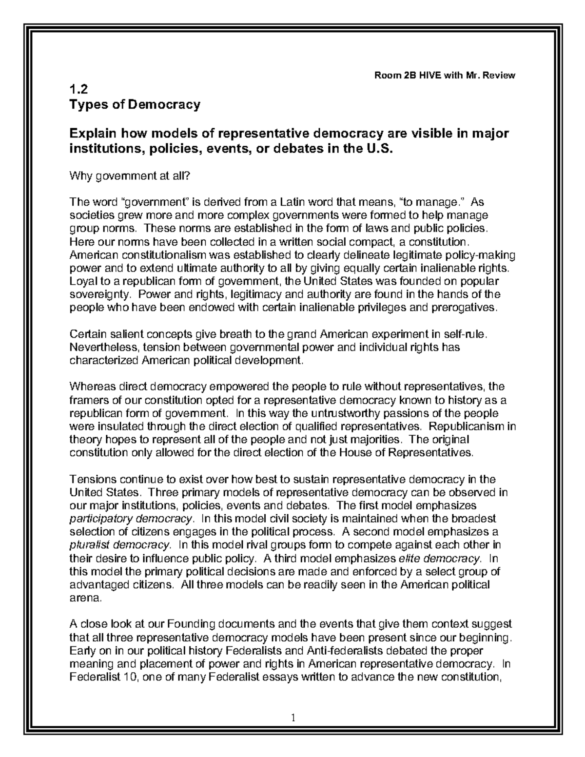 Text1 - Notes for each section - 1 Room 2B HIVE with Mr. Review 1 ...