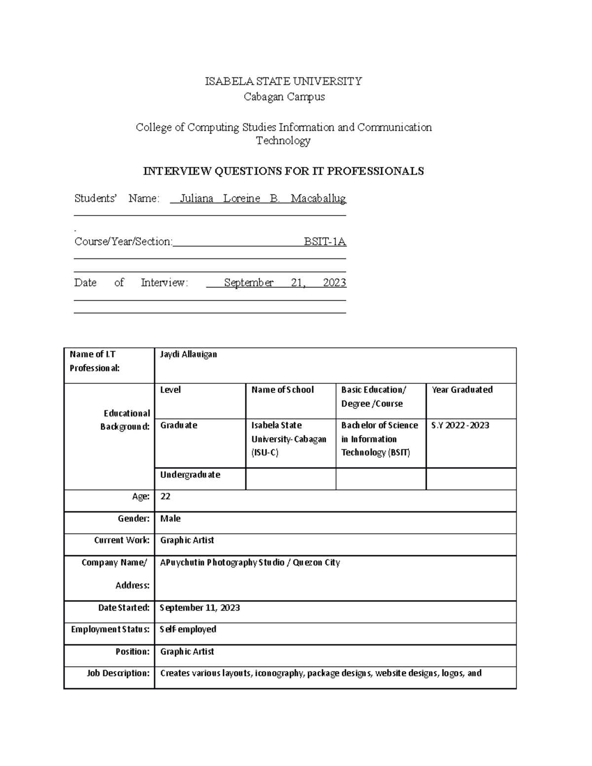 Interview 2 - form - ISABELA STATE UNIVERSITY Cabagan Campus College of ...