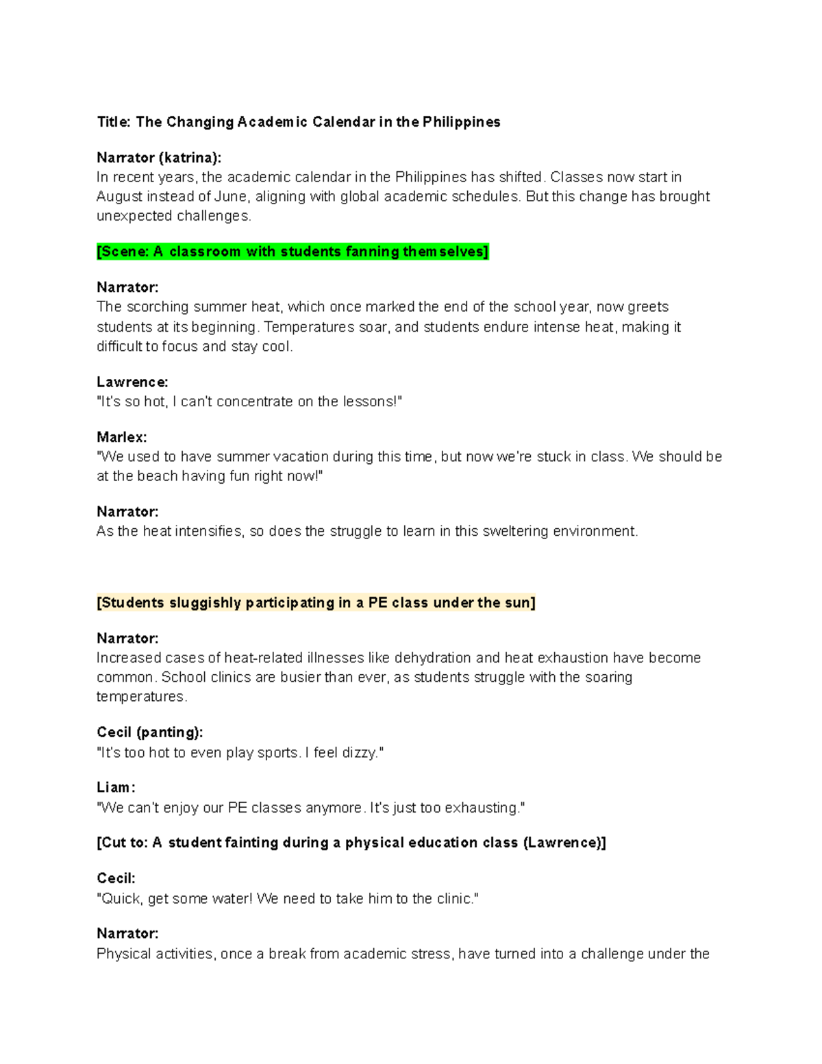 TCW roleplay script - Title: The Changing Academic Calendar in the Philippines Narrator (katrina ...