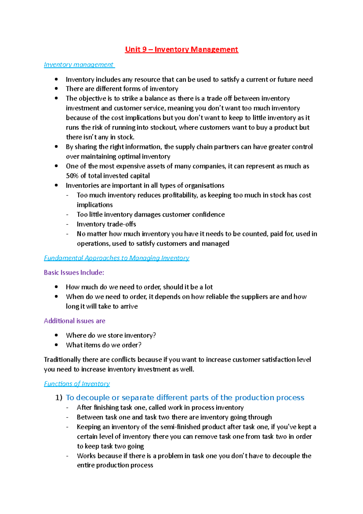 Unit 9 - Inventory Management - Unit 9 – Inventory Management Inventory ...