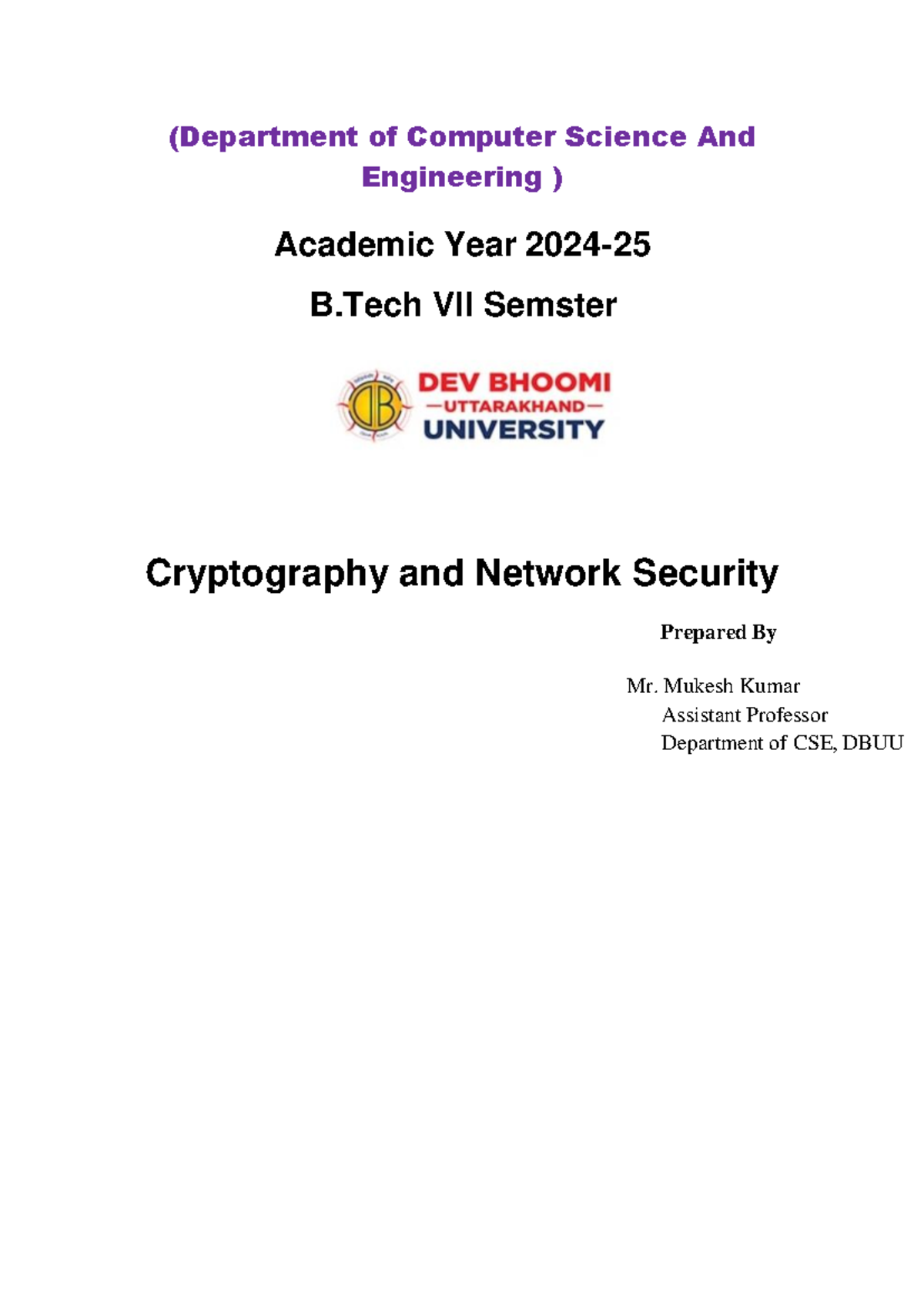 Cryptography And Network Security Unit 1 Notes Department Of Computer Science And Engineering