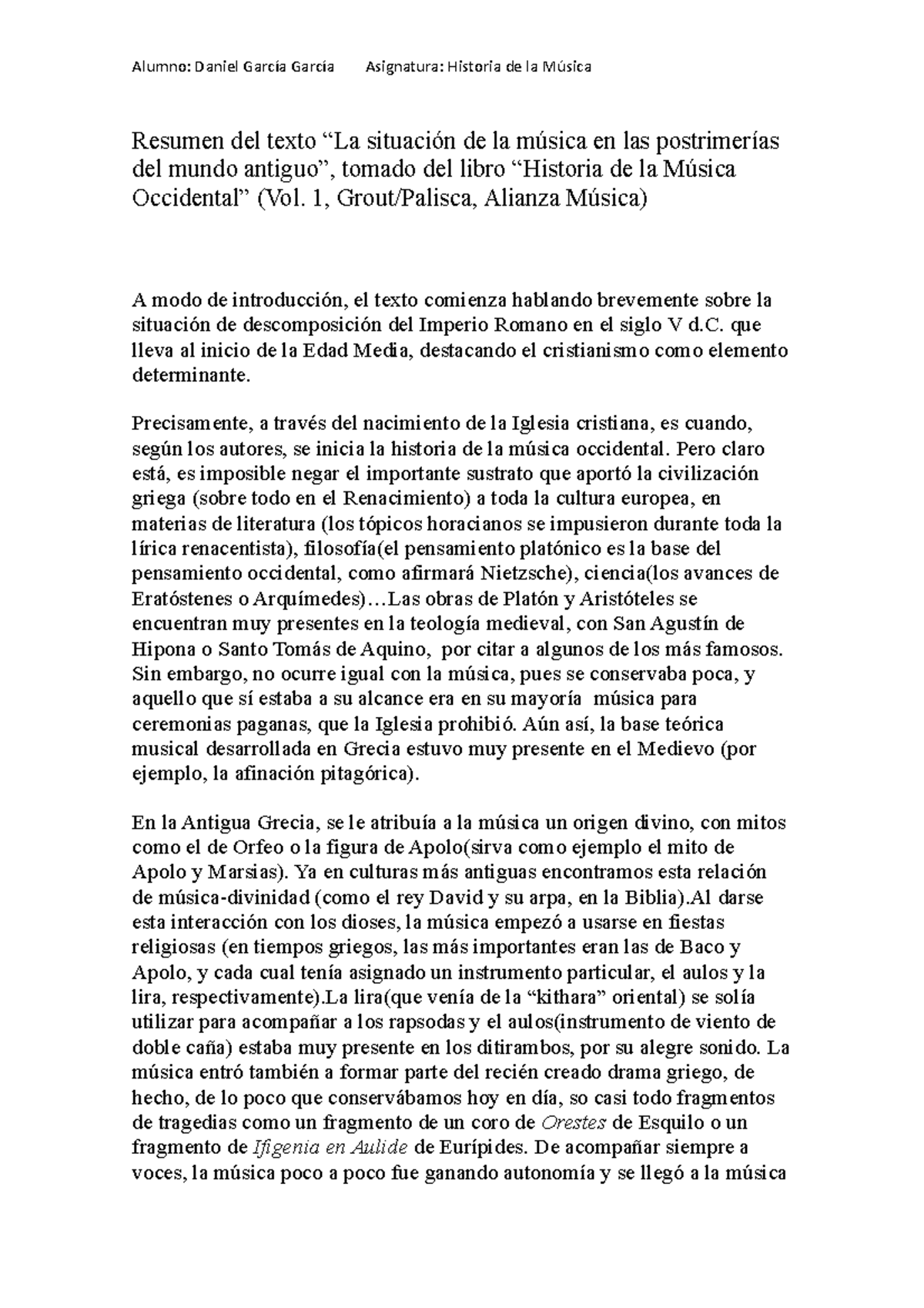 Recensión Historia de la Música - Resumen del texto “La situación de la ...