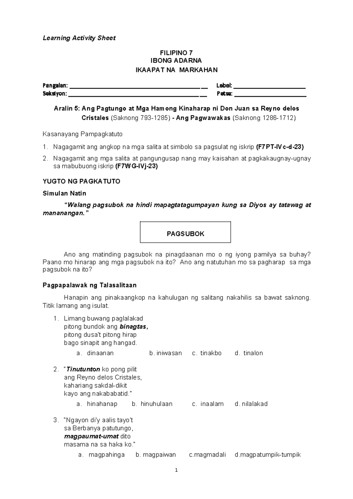 Ilide - Jungle bites - Learning Activity Sheet FILIPINO 7 IBONG ADARNA ...
