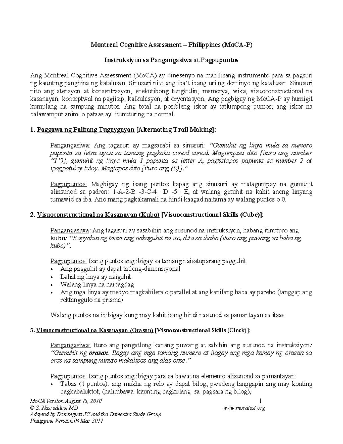 MoCA-Instructions-Filipino 2011 - Montreal Cognitive Assessment ...