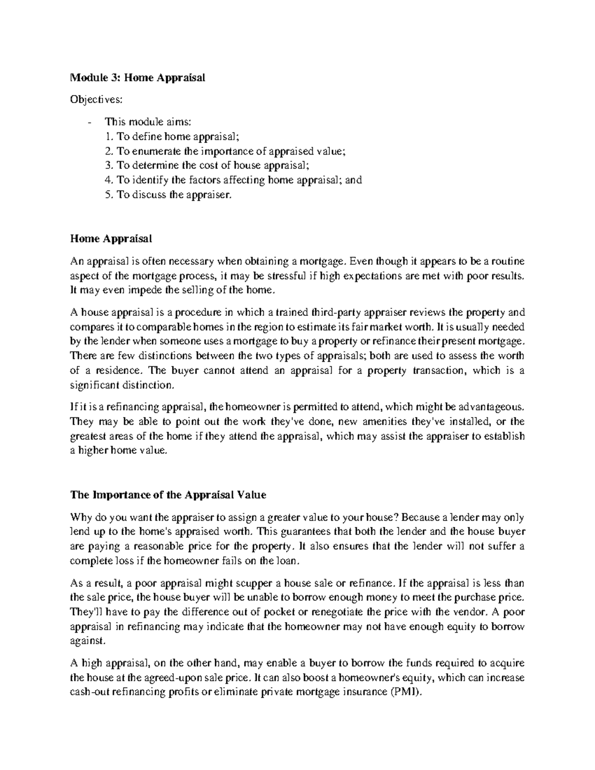note for real estate - Module 3: Home Appraisal Objectives: - This ...