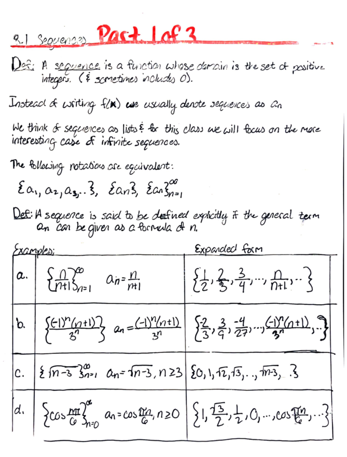8.1 Sequences - Notes for section 8.1. - 9 Sequences Part 1 of 3 Def: A ...