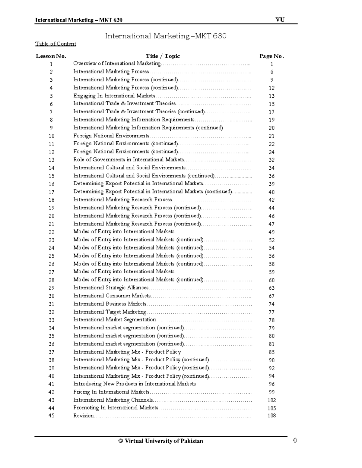 Handouts MKT630 - Bsbbd - Table of Content - International Marketing ...