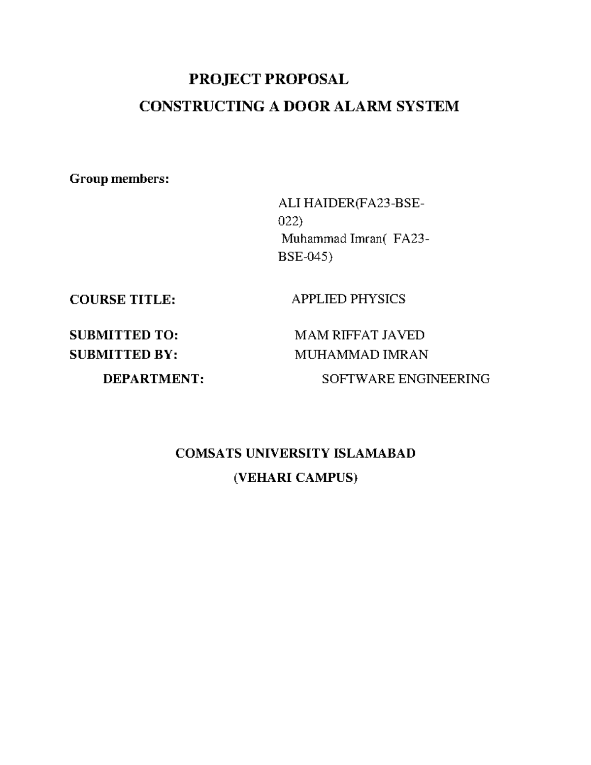 Proposal - PROJECT PROPOSAL CONSTRUCTING A DOOR ALARM SYSTEM Group ...