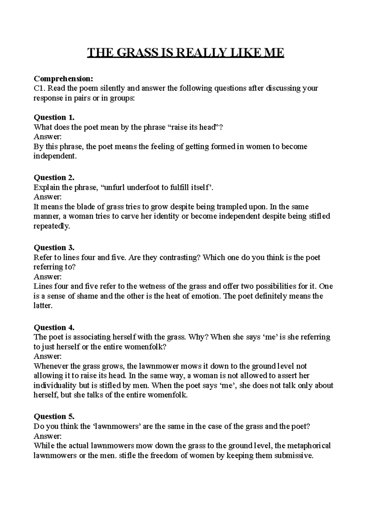 THE Grass IS Really LIKE ME - THE GRASS IS REALLY LIKE ME Comprehension ...