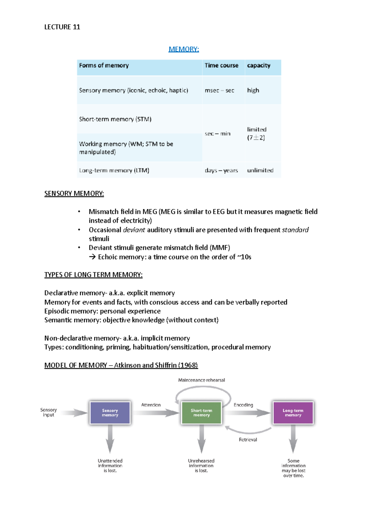 Memory AND Learning - lecture - MEMORY: SENSORY MEMORY: Mismatch field ...