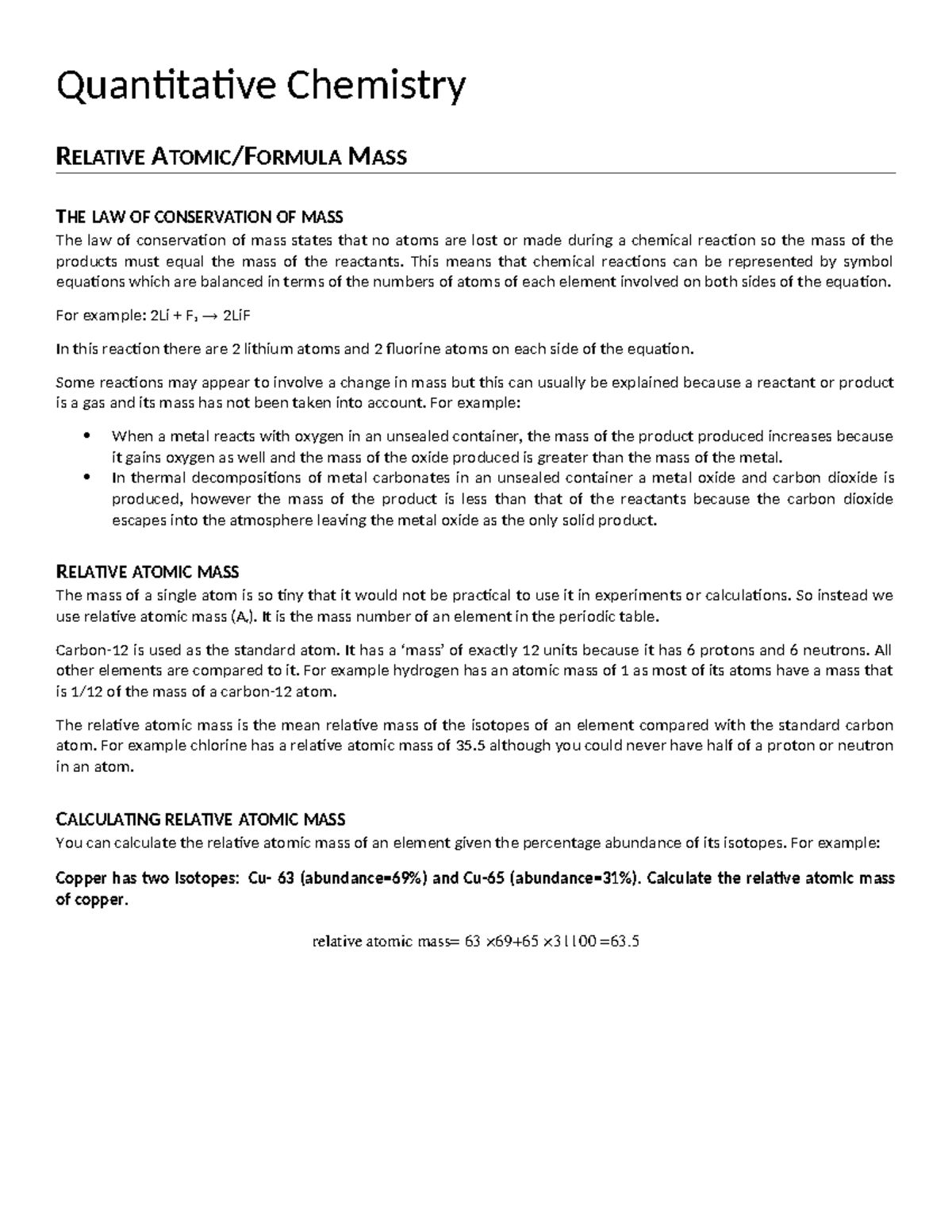 Quantitative Chemistry Pt 1 - Quantitative Chemistry RELATIVE ATOMIC ...