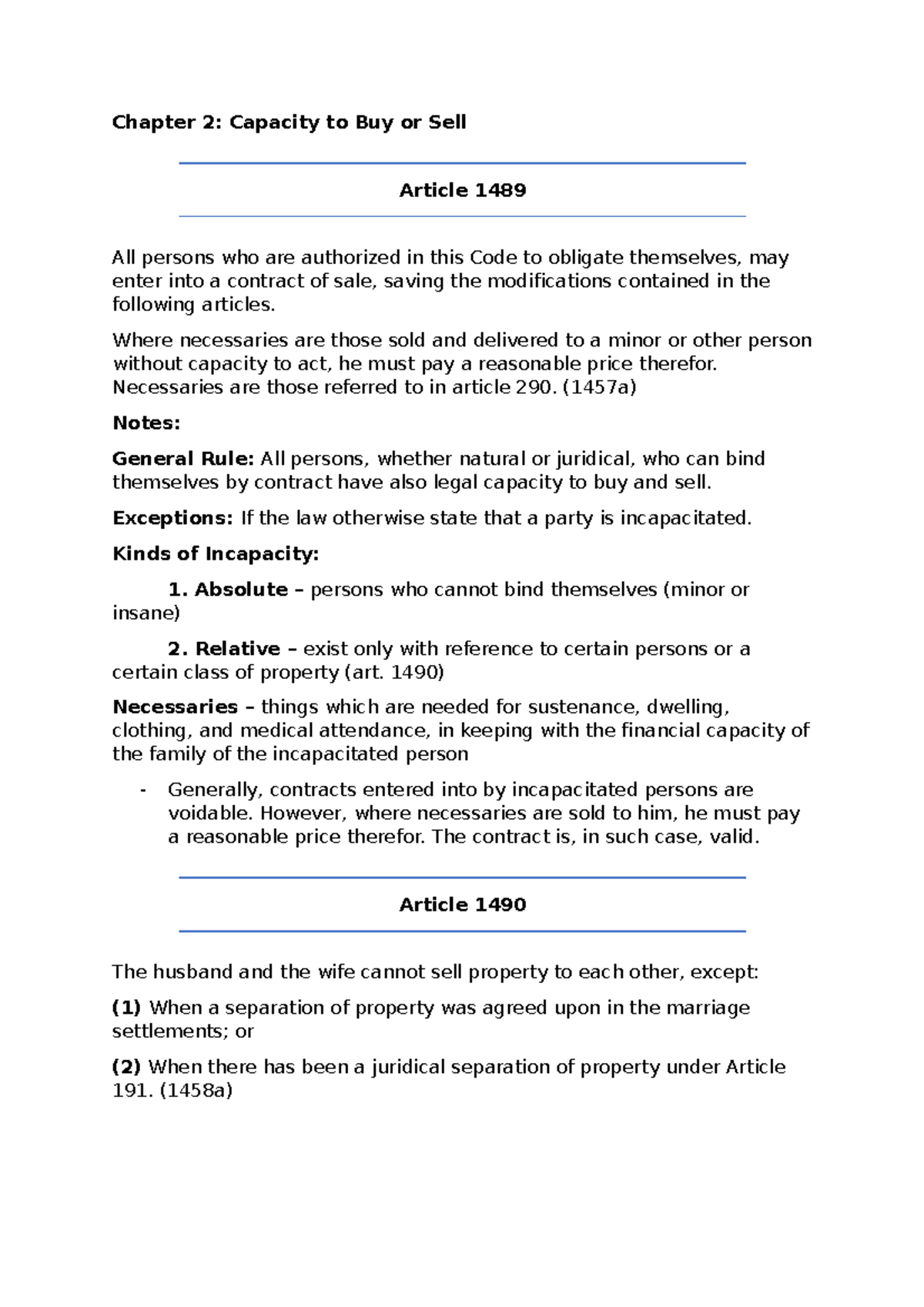 The law on sale - Chapter 2 and 3 - Chapter 2: Capacity to Buy or Sell ...