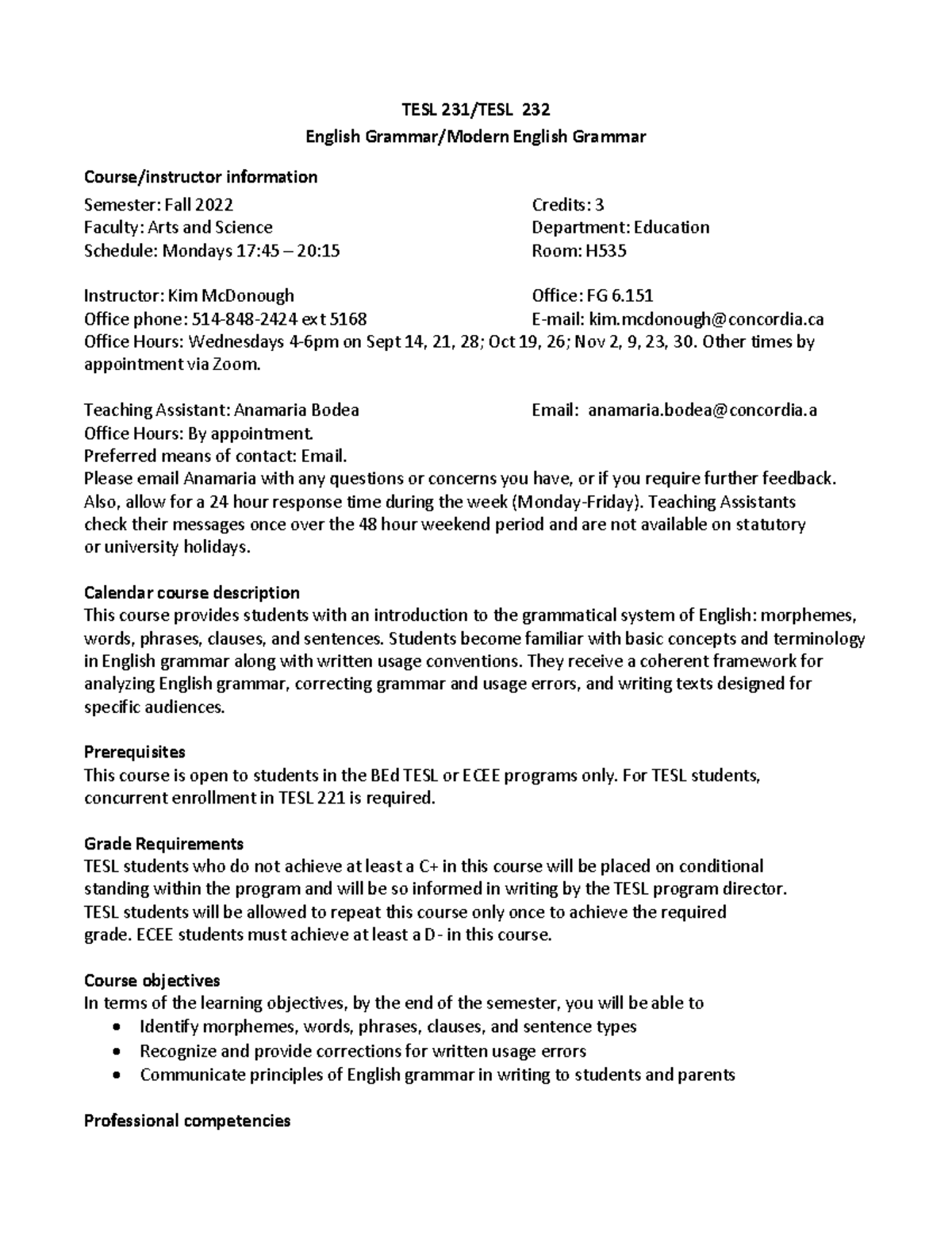 Tesl 231 232 Course Outline F 22 Tesl 231tesl 232 English Grammarmodern English Grammar